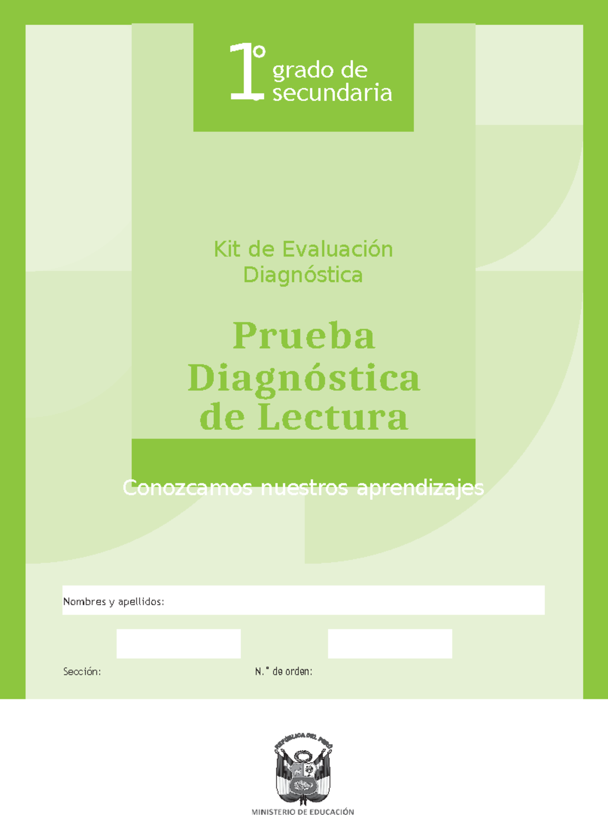 Prueba diagnóstica de Lectura 1.° grado de secundaria kit de evaluación ...