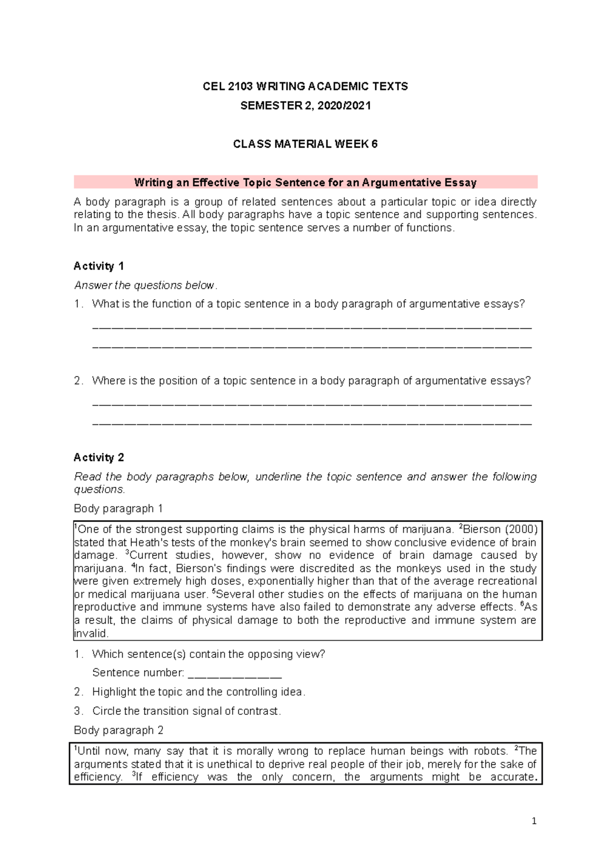CEL2103 Class Material WEEK 6 - BODY Paragraph - student - CEL 2103 ...