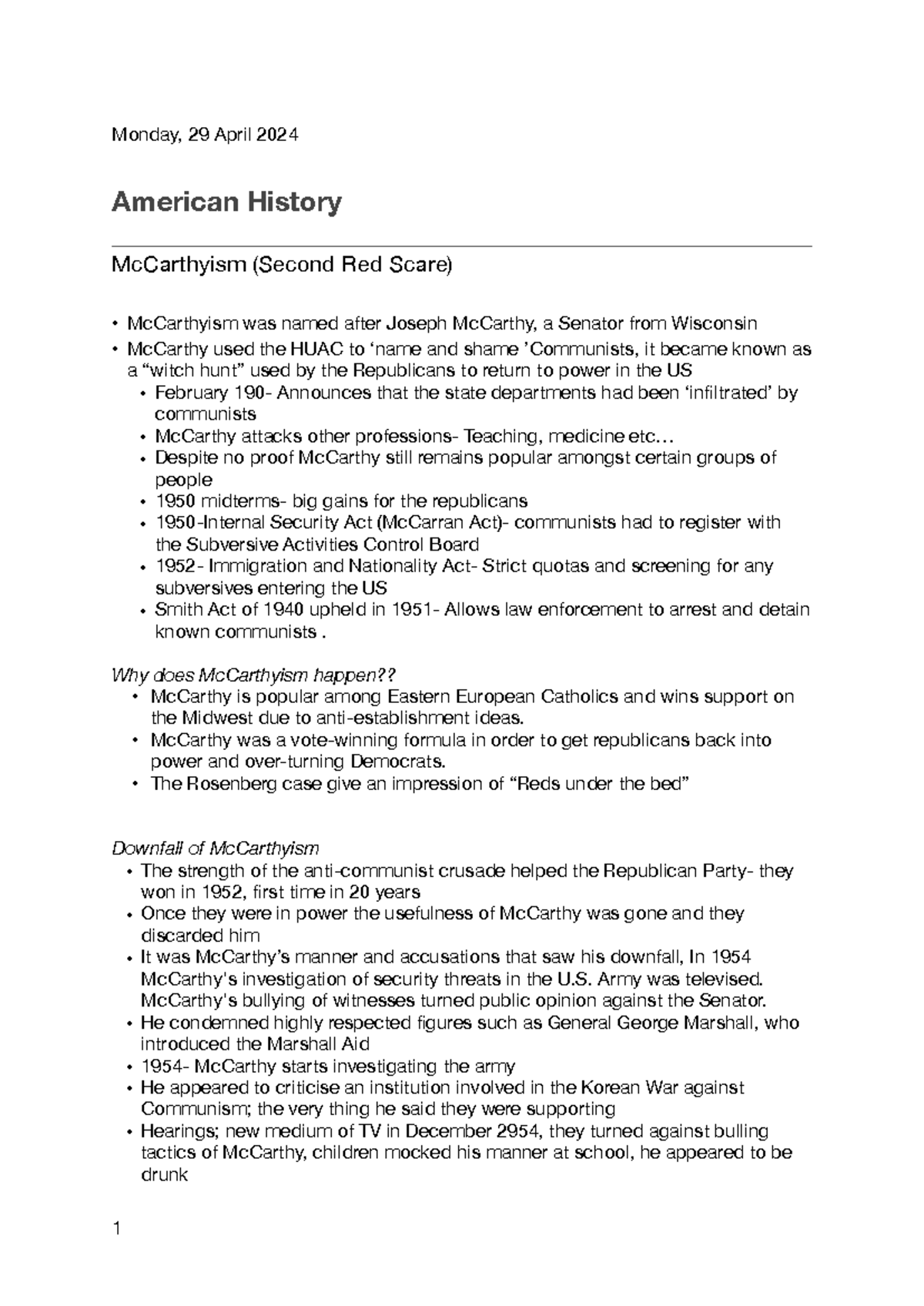 Mc Carthyism (Second Red Scare) 2.0 p - Monday, 29 April 2024 American ...