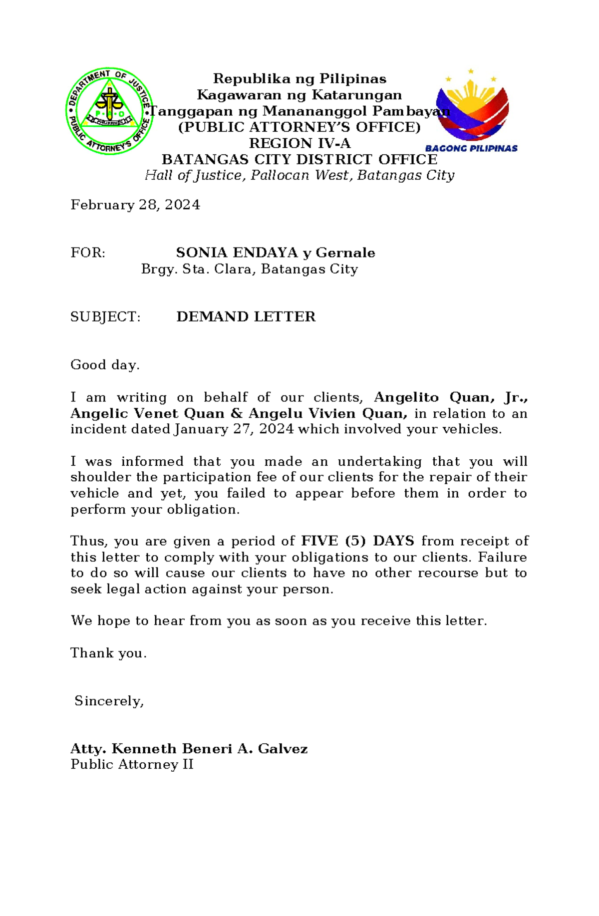 Demand Letter - Angelic Quan - Republika ng Pilipinas Kagawaran ng ...