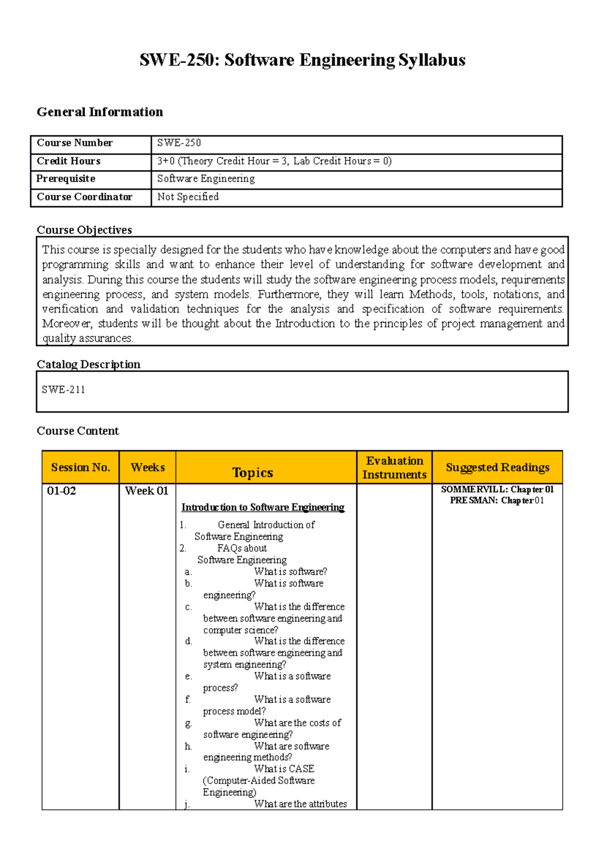 Outline Software Engineering Fall 2021 - SWE-250: Software Engineering ...