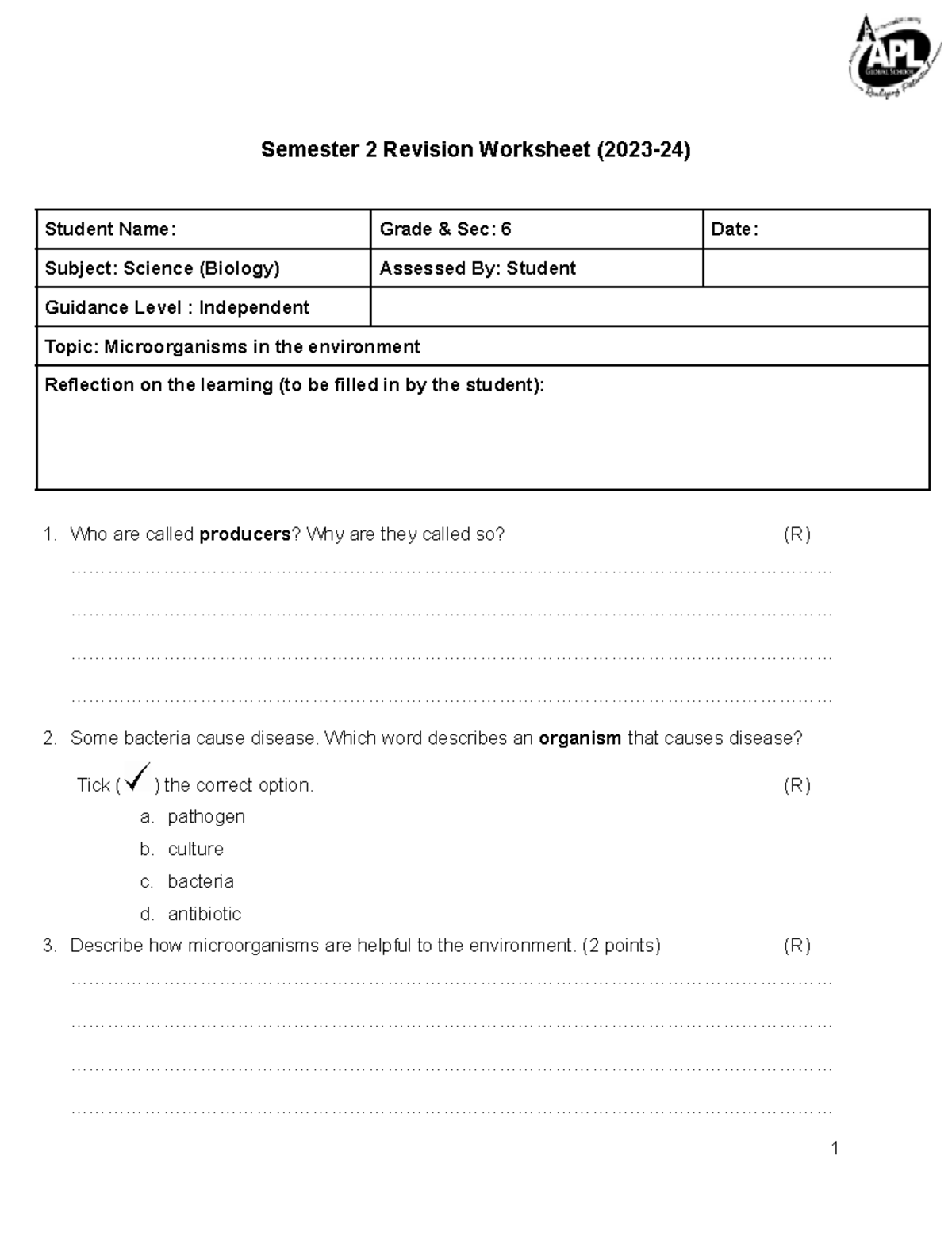 SCGrade 6Work Sheet - Semester 2 Revision Worksheet (2023-24) Student ...