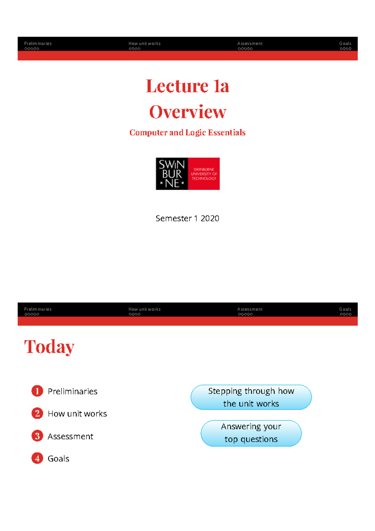 Handout 01a Lecture Notes 1 Lecture ￿a Overview Computer And Logic Essentials Semester12020 2460