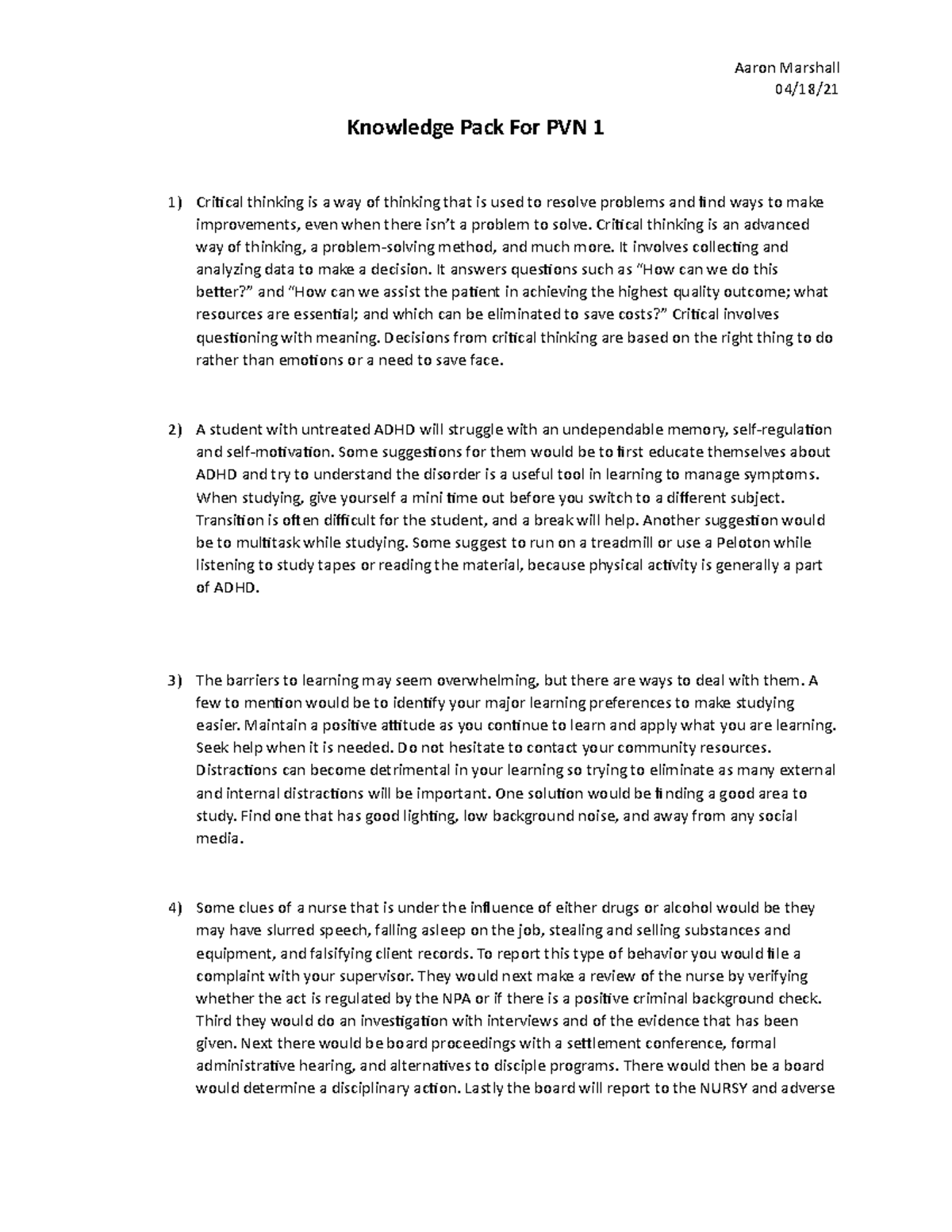 Knowledge Pack For PVN 1 - Critical thinking is an advanced way of ...