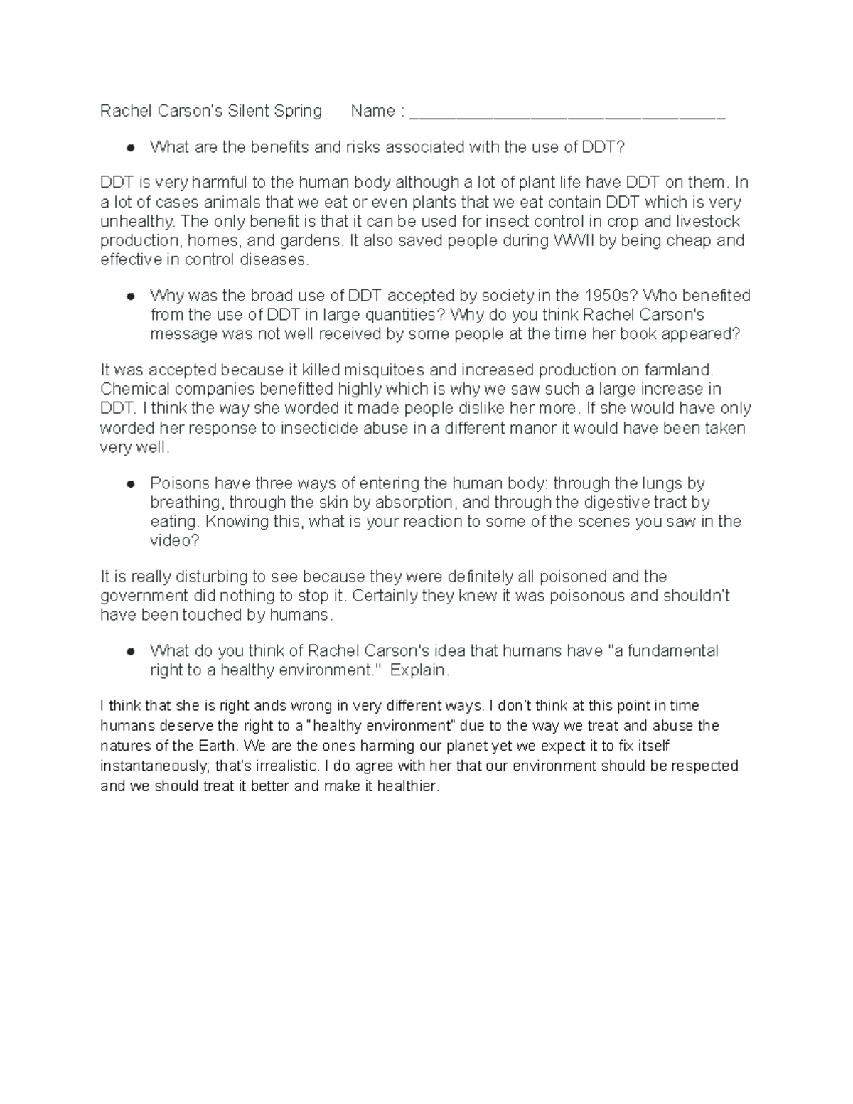 Silent Spring Discussion Questions - Ashlee - Rachel Carson’s Silent ...
