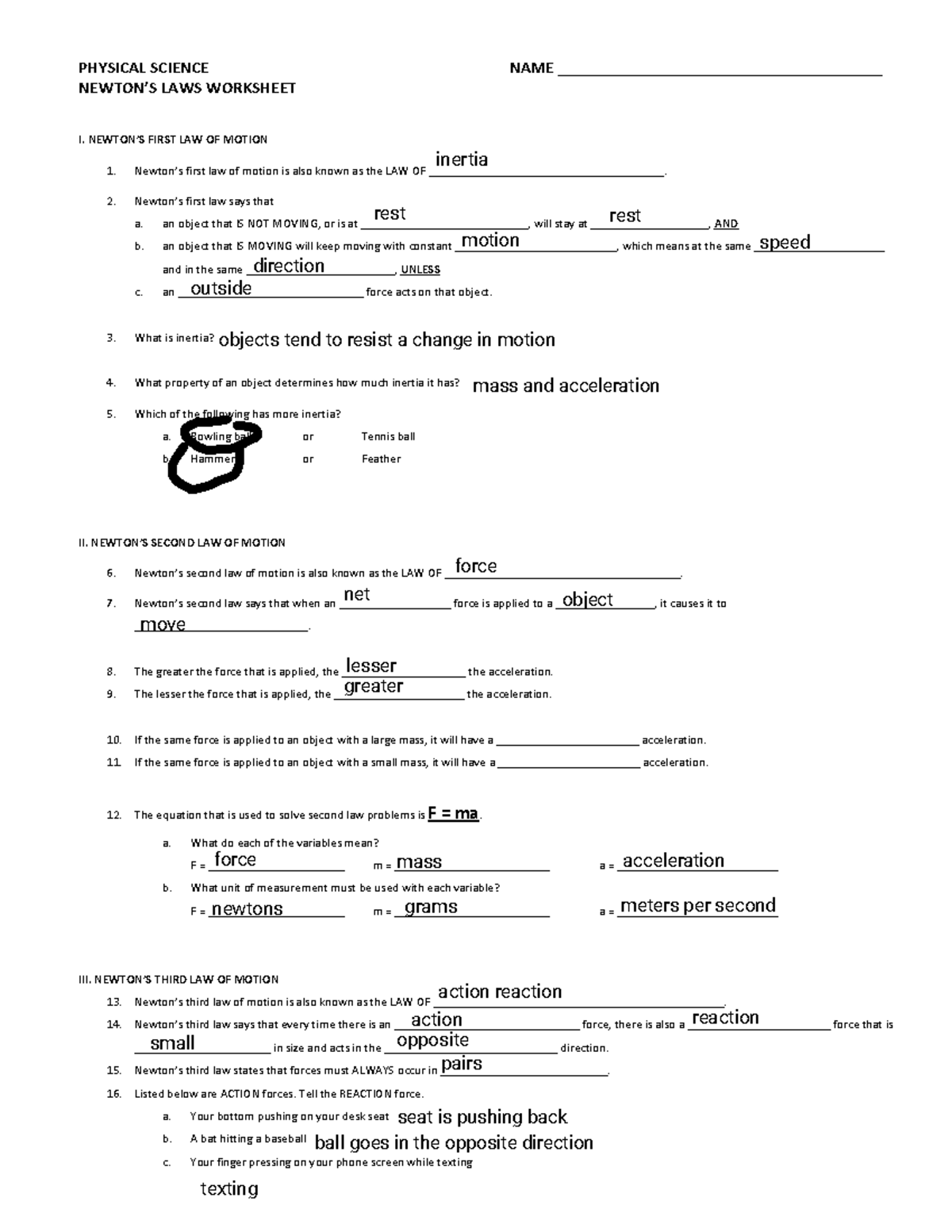 Kami Export - #74 Newton's laws worksheet - PHYSICAL SCIENCE NAME - Studocu