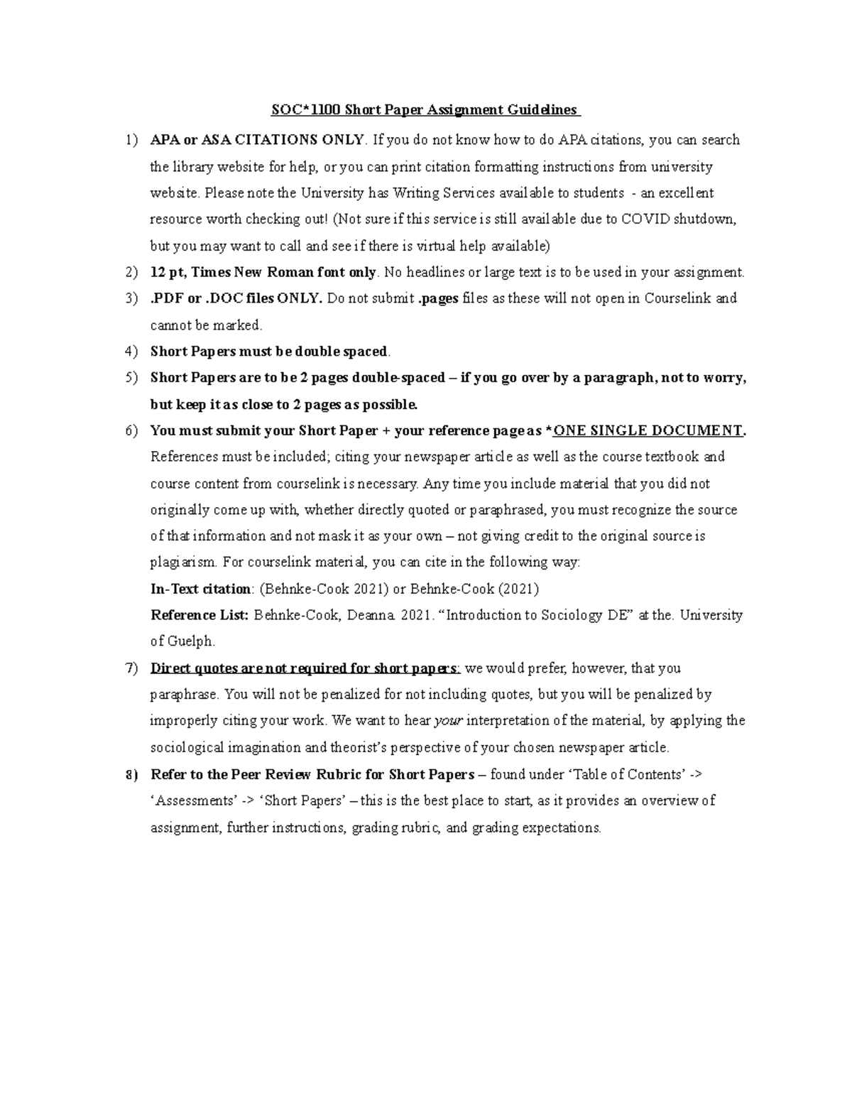 SOC1100 Short Paper Formatting Guidelines 2021 - Soc1100 - U of G - Studocu