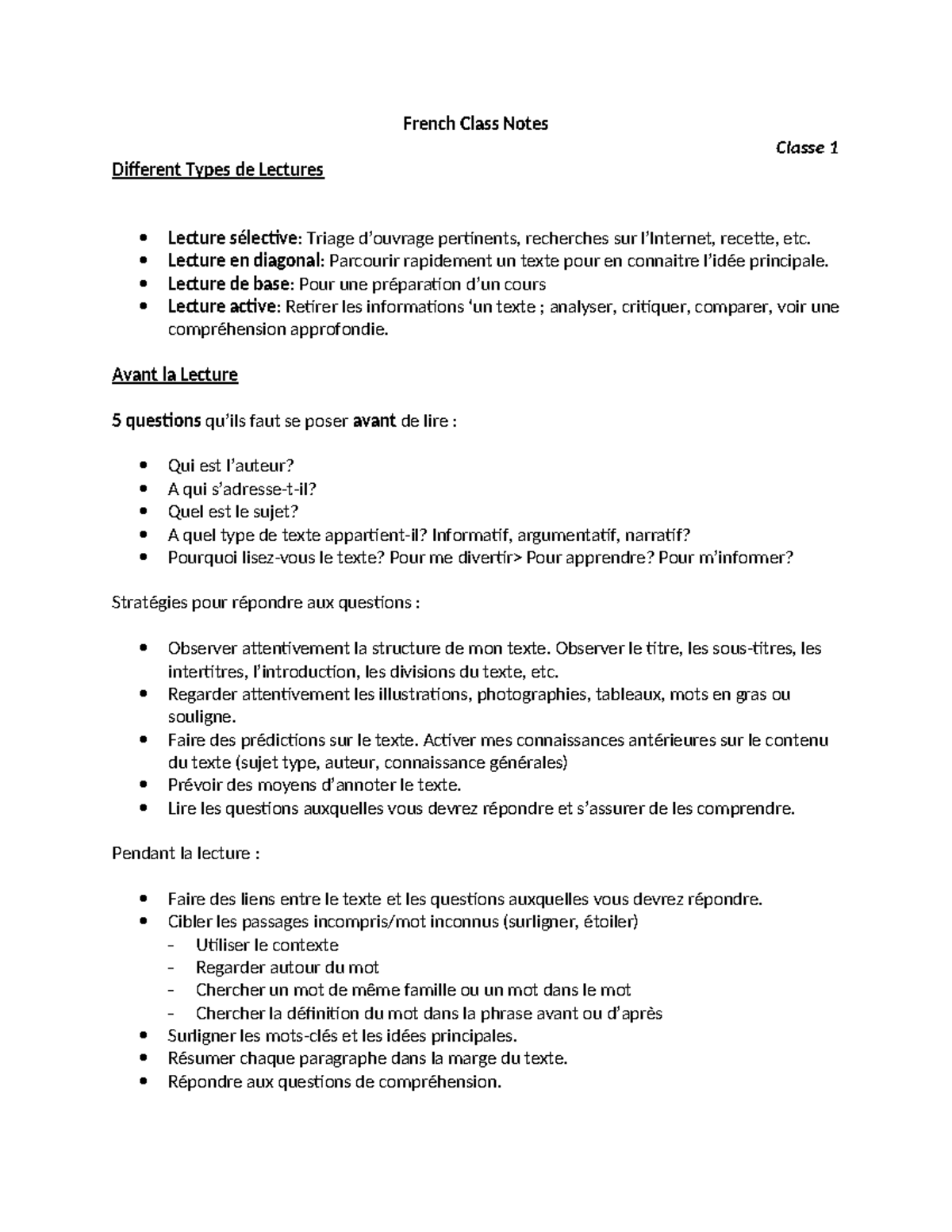 French Class Notes - French Class Notes Classe 1 Different Types de ...