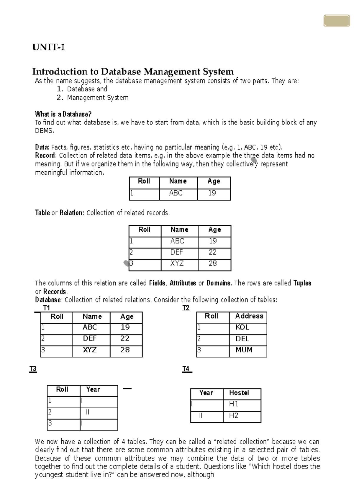 What Is DBMS - Lecture notes 1 - 1 UNIT- Introduction to Database ...