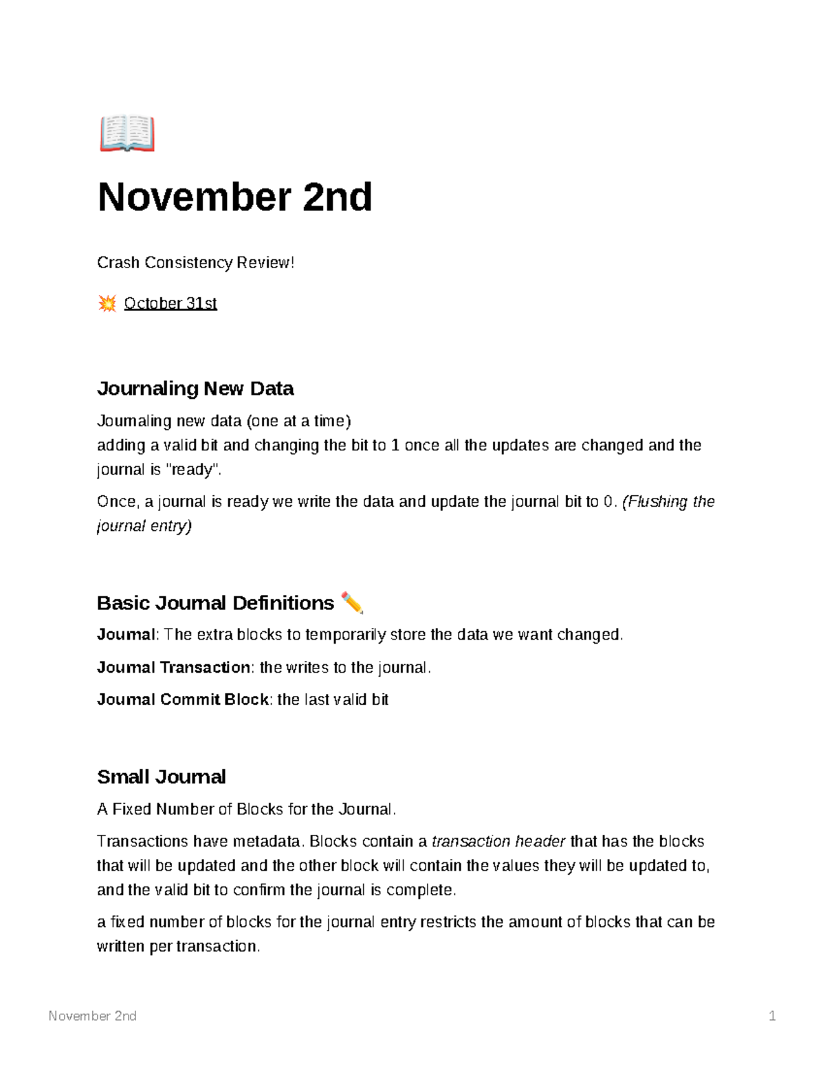 Journaling - Fall 2022 - November 2nd 1 Ä November 2nd Crash Consistency Review! October 31st ...