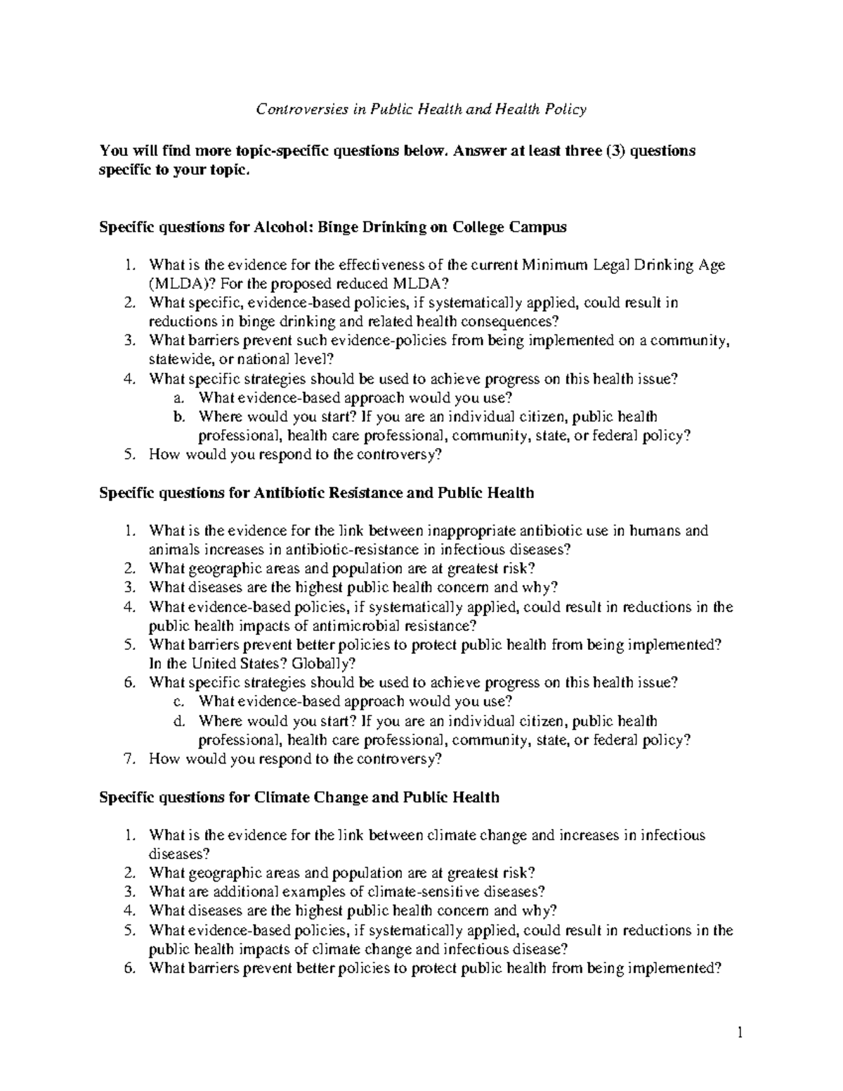 PUH 307 Controversies in Public Health Questions Spring 2020 ...