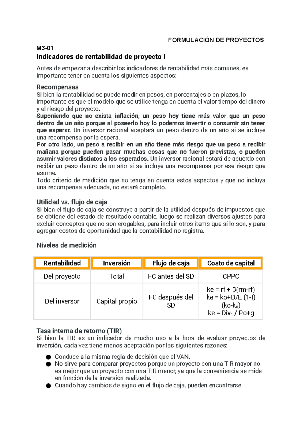 Formulacion DE Proyectos M3 - FORMULACIÓN DE PROYECTOS M3- Indicadores de rentabilidad de ...