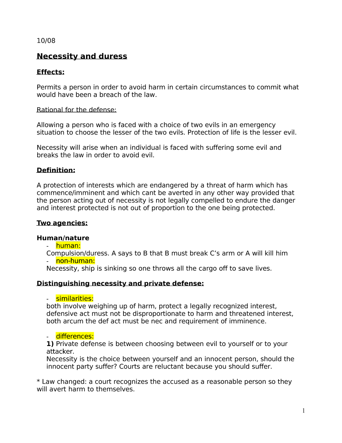 Criminal Law Notes - 10/0810/ Necessity and duressNecessity and duress ...