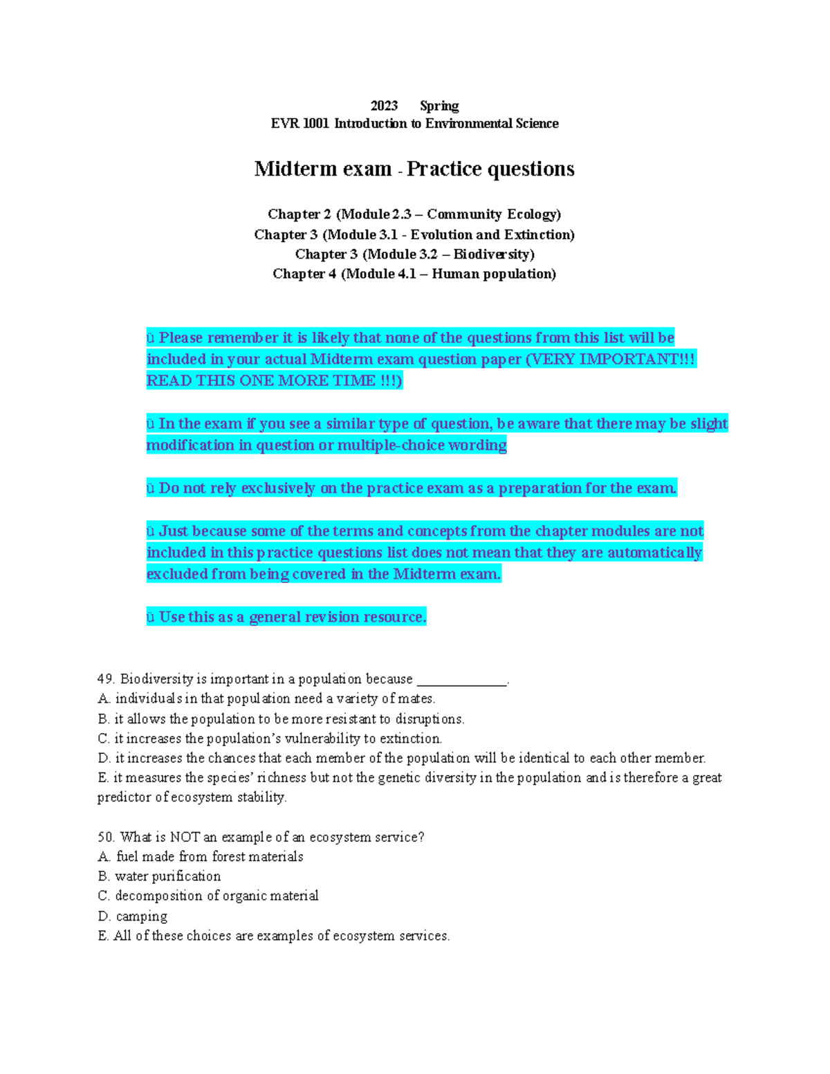 EVR Midterm EXAM Review PART 3 - 2023 Spring EVR 1001 Introduction to ...