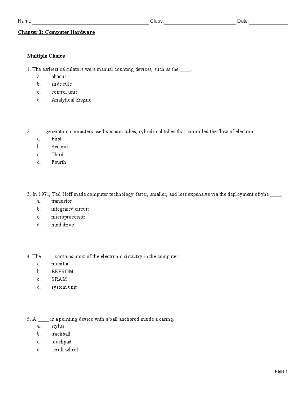 Flex Chapter 1 Study Guide - Chapter 1: Computer Hardware Multiple ...