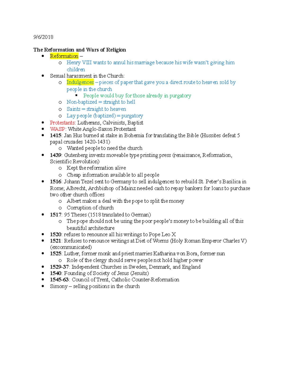 West civ. reformation notes - 9/6/ The Reformation and Wars of Religion ...