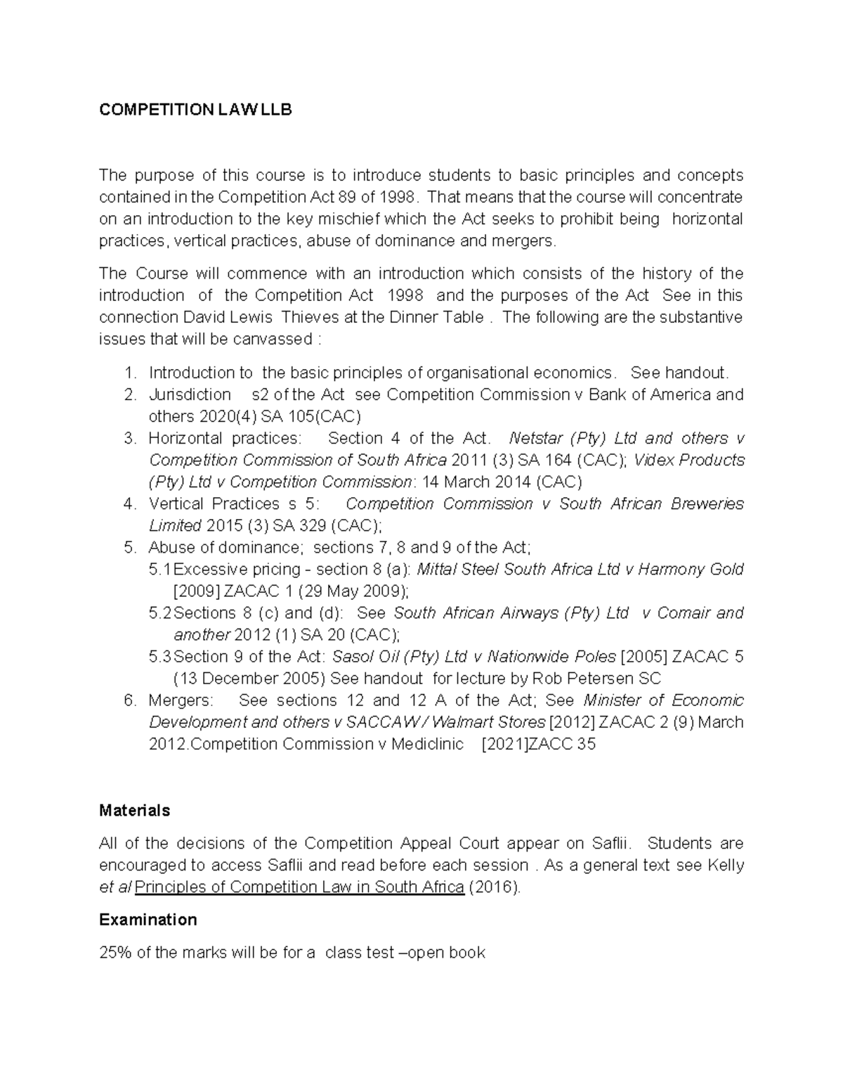 Competition Law LLB 2022 - Course Outline - COMPETITION LAW LLB The ...
