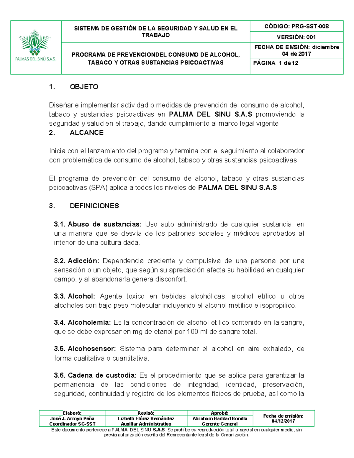 PRG-SST-008 Programa de Prevención del Consumo de Alcohol, Tabaco y otras Sustancias ...