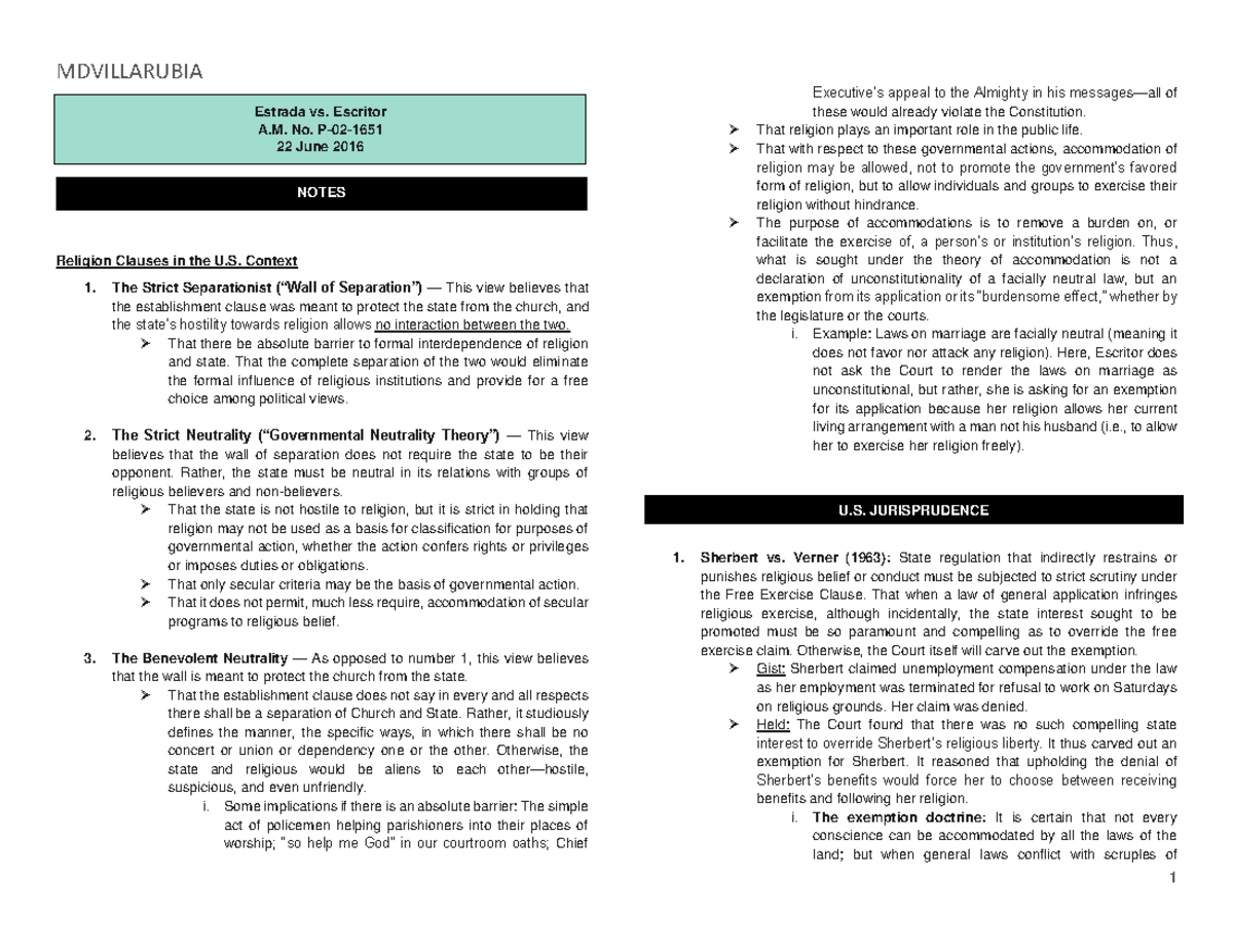 Estrada-vs Escritor - MDVILLARUBIA Religion Clauses in the U. Context ...
