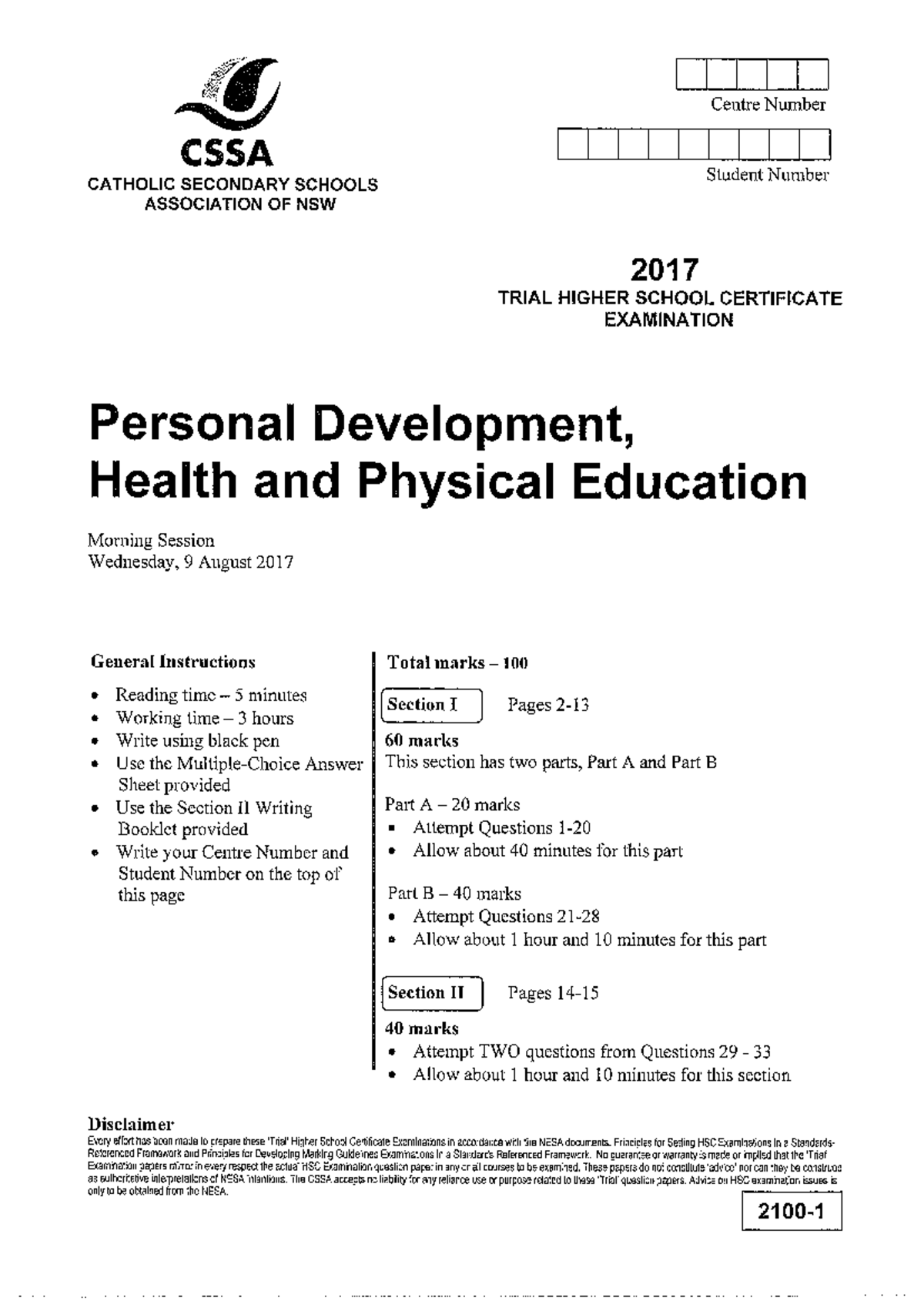 Pdhpe HSC Trial 1 Catholic Exam 2017 1 - Centre Number CSSA Student Number CATHOLIC SECONDARY ...