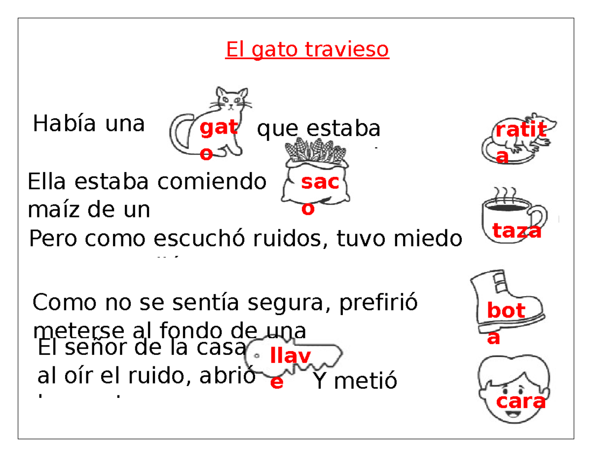 Cuento letra manuscrita - ratit a sac o taza bot a llav e cara El gato ...