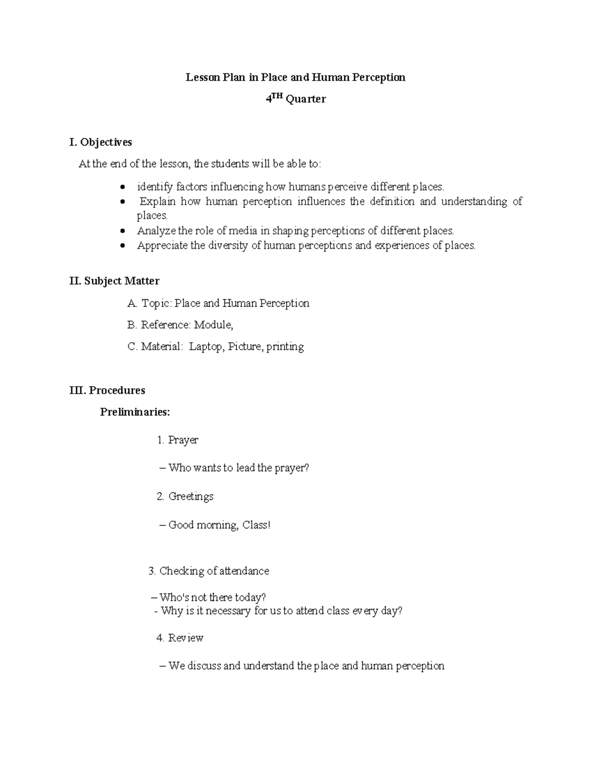 Lesson PLAN - Lesson Plan in Place and Human Perception 4 TH Quarter I ...