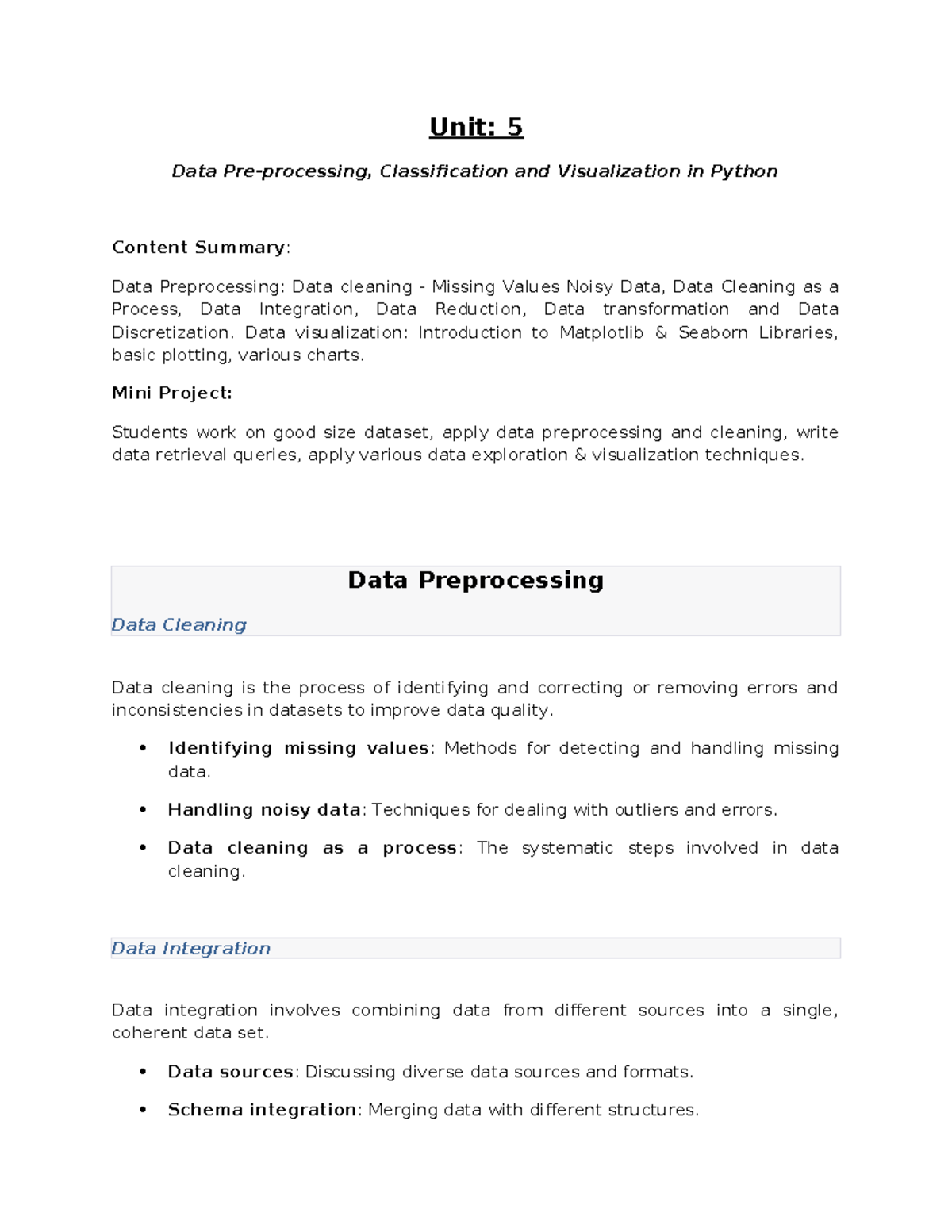 Unit 5 FOCP python - Unit: 5 Data Pre-processing, Classification and Visualization in Python ...