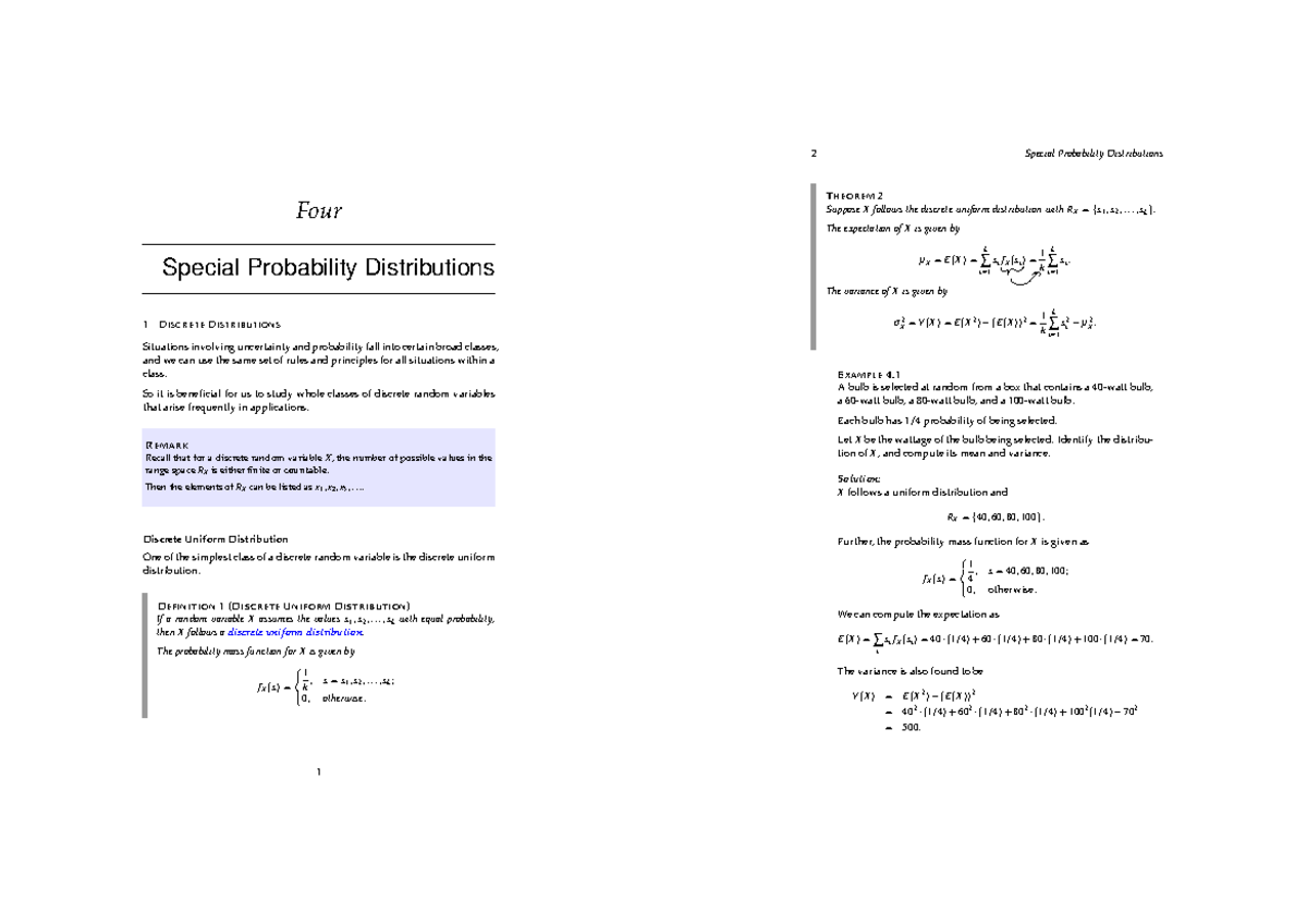 Chapter 4 Print Four Special Probability Distributions 1 D Iscrete