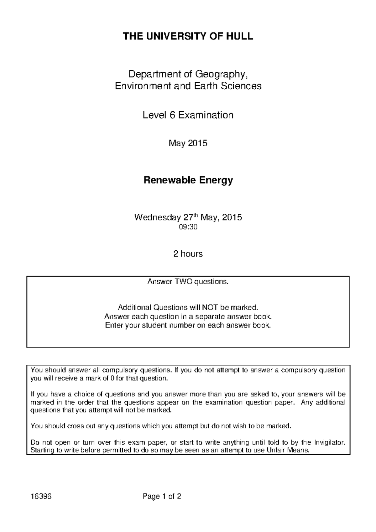 Renewable energy Exam 2015 - THE UNIVERSITY OF HULL Department of ...