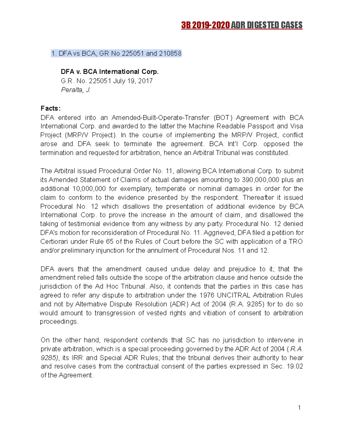 ADR Case Digests [3B1920] - 3B 2019-2020 ADR DIGESTED CASES 1. DFA vs ...