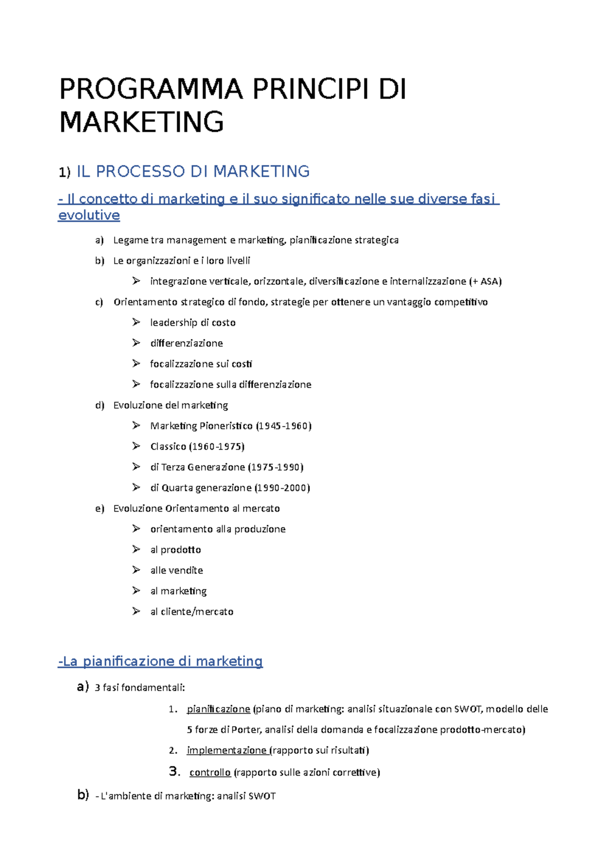 Programma completo Esame Principi DI Marketing - PROGRAMMA PRINCIPI DI MARKETING 1) IL PROCESSO ...