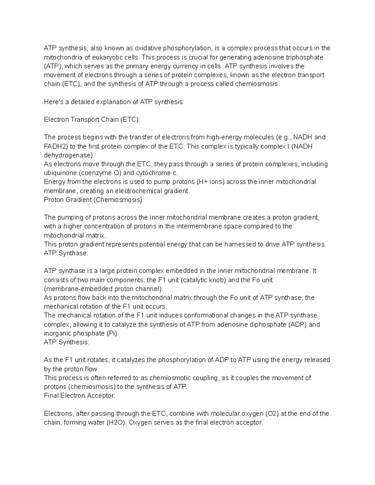 Biosci 106 Notes ATP Synthesis - ATP synthesis, also known as oxidative ...
