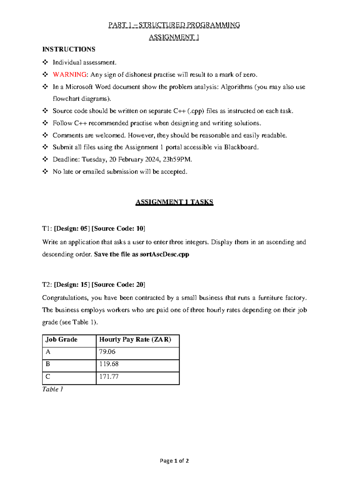 SP - Assignment 1 - PART 1 – STRUCTURED PROGRAMMING ASSIGNMENT 1 Page 1 of 2 INSTRUCTIONS - Studocu