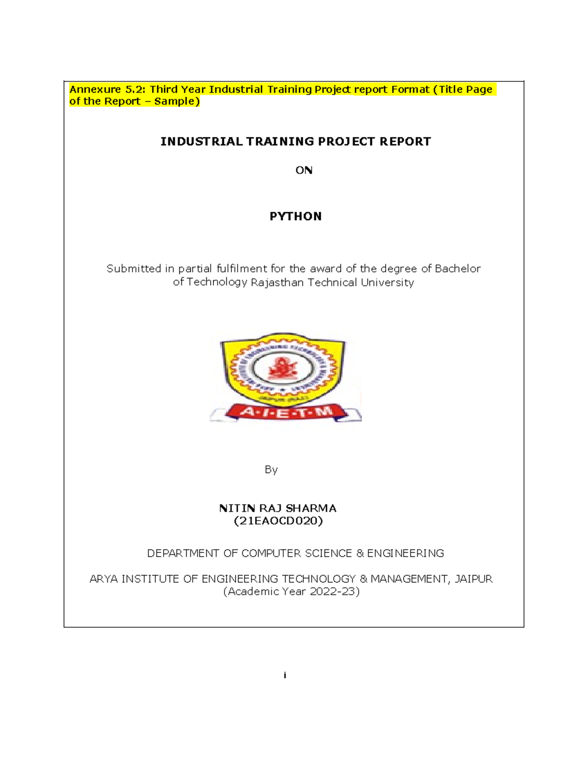 Aietm Industrial Training Report Format - Annexure 5: Third Year ...
