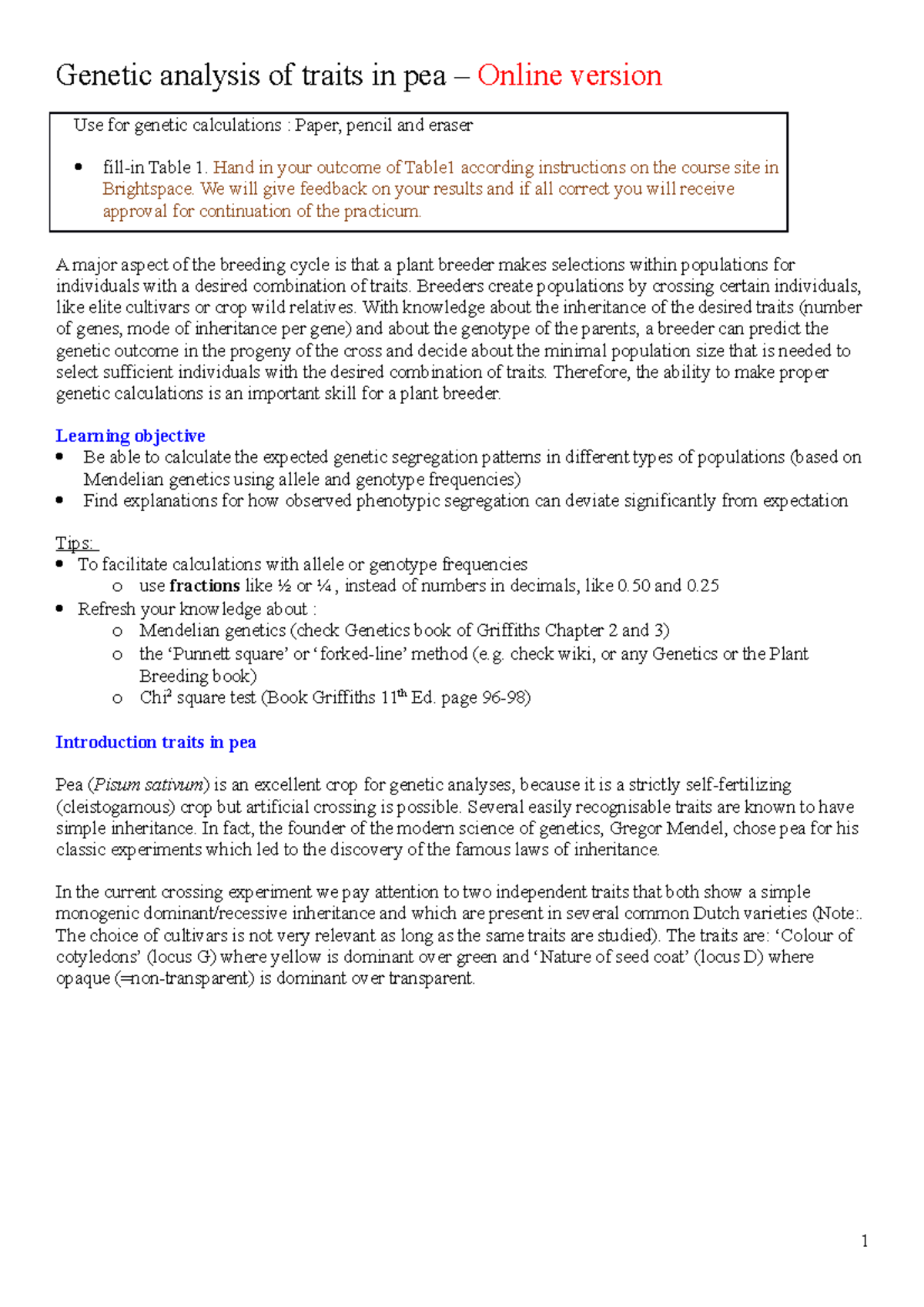 P1 pea-genetics - Practicum pea genetics - Genetic analysis of traits ...