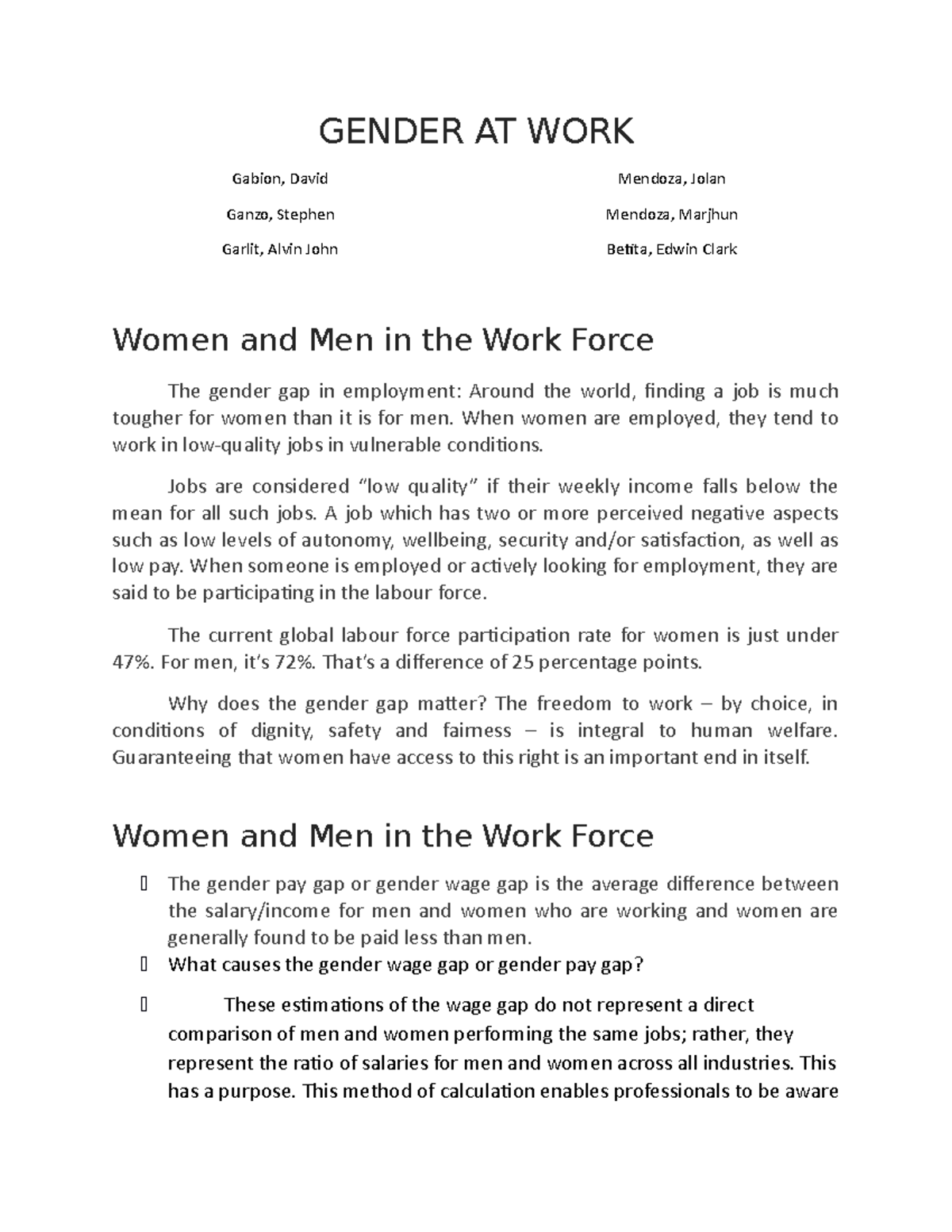 Gender AT WORK - Notes - GENDER AT WORK Gabion, David Ganzo, Stephen ...