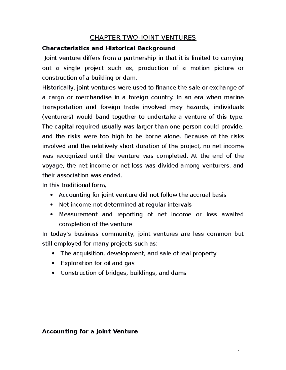 Chapter 2 Joint venture - CHAPTER TWO-JOINT VENTURES Characteristics ...