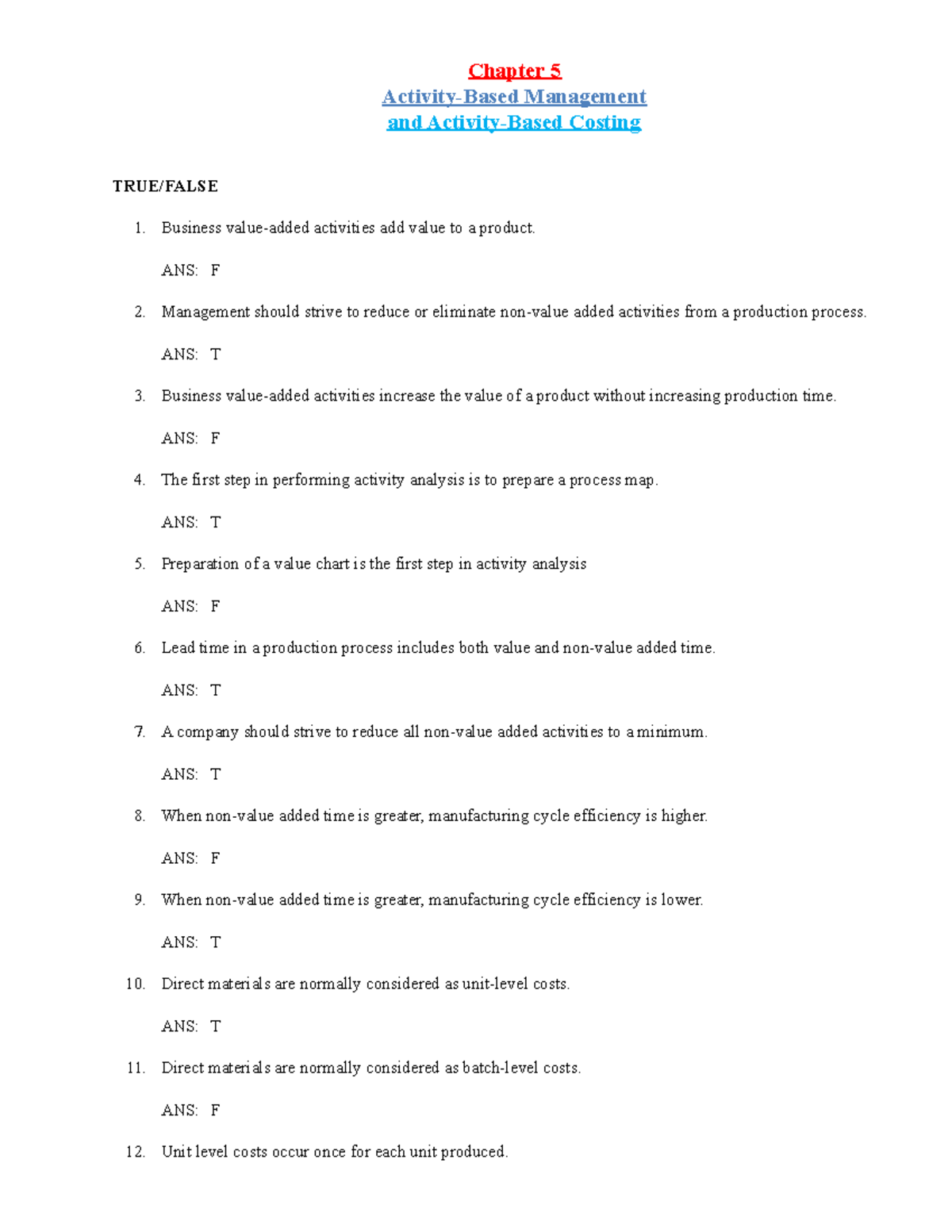 ABM and ABC quiz practice - Accounting 201 - Chapter 5 Activity-Based ...