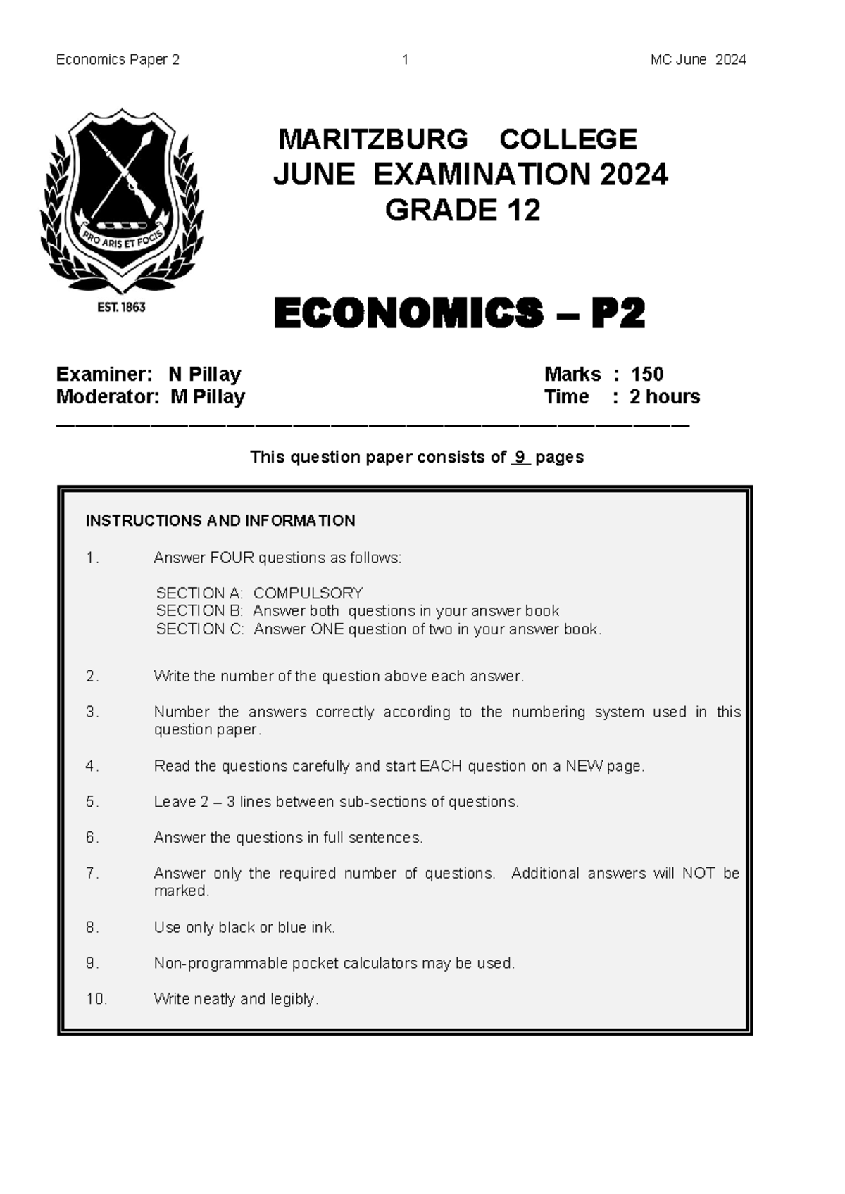 MC G12 JUNE P2 Final - these are past papers - MARITZBURG COLLEGE JUNE ...