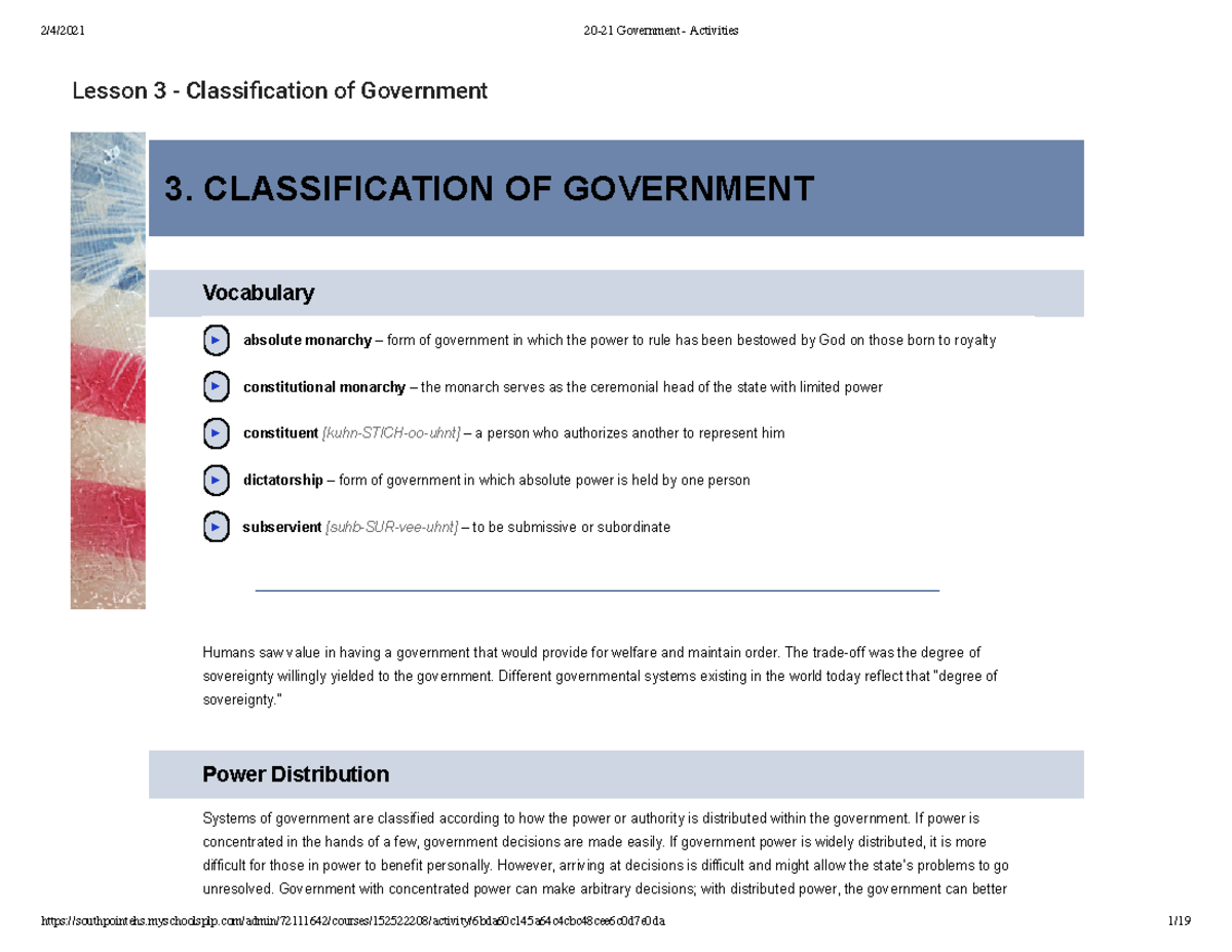 Gov PLP- Lesson 3 - n/a - 3. CLASSIFICATION OF GOVERNMENT Vocabulary ...