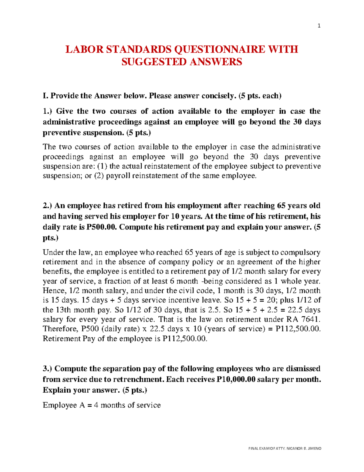 Labor Standards Questionnaire - LABOR STANDARDS QUESTIONNAIRE WITH ...