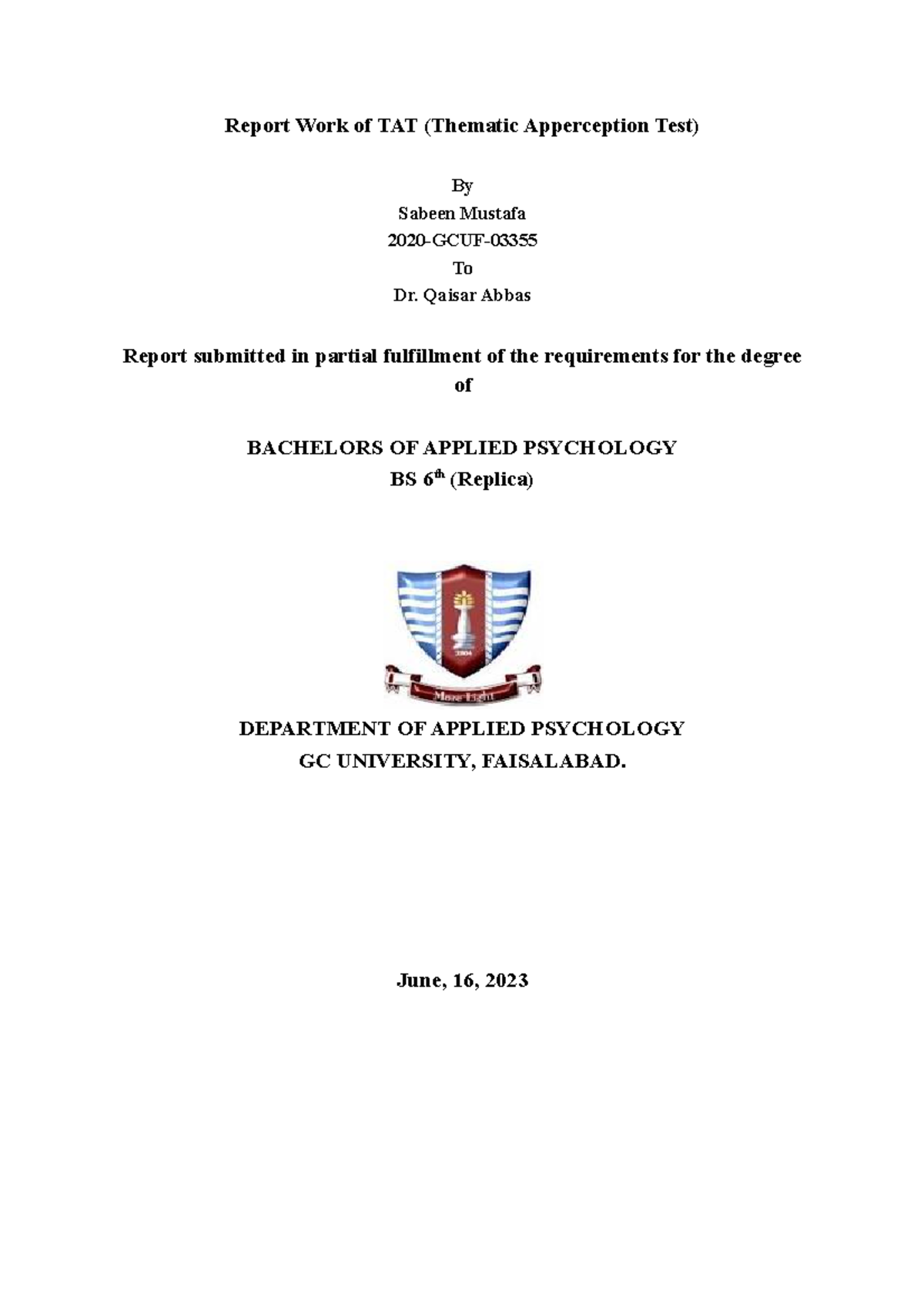 TAT Report Sabeen - Assignment - Report Work of TAT (Thematic ...