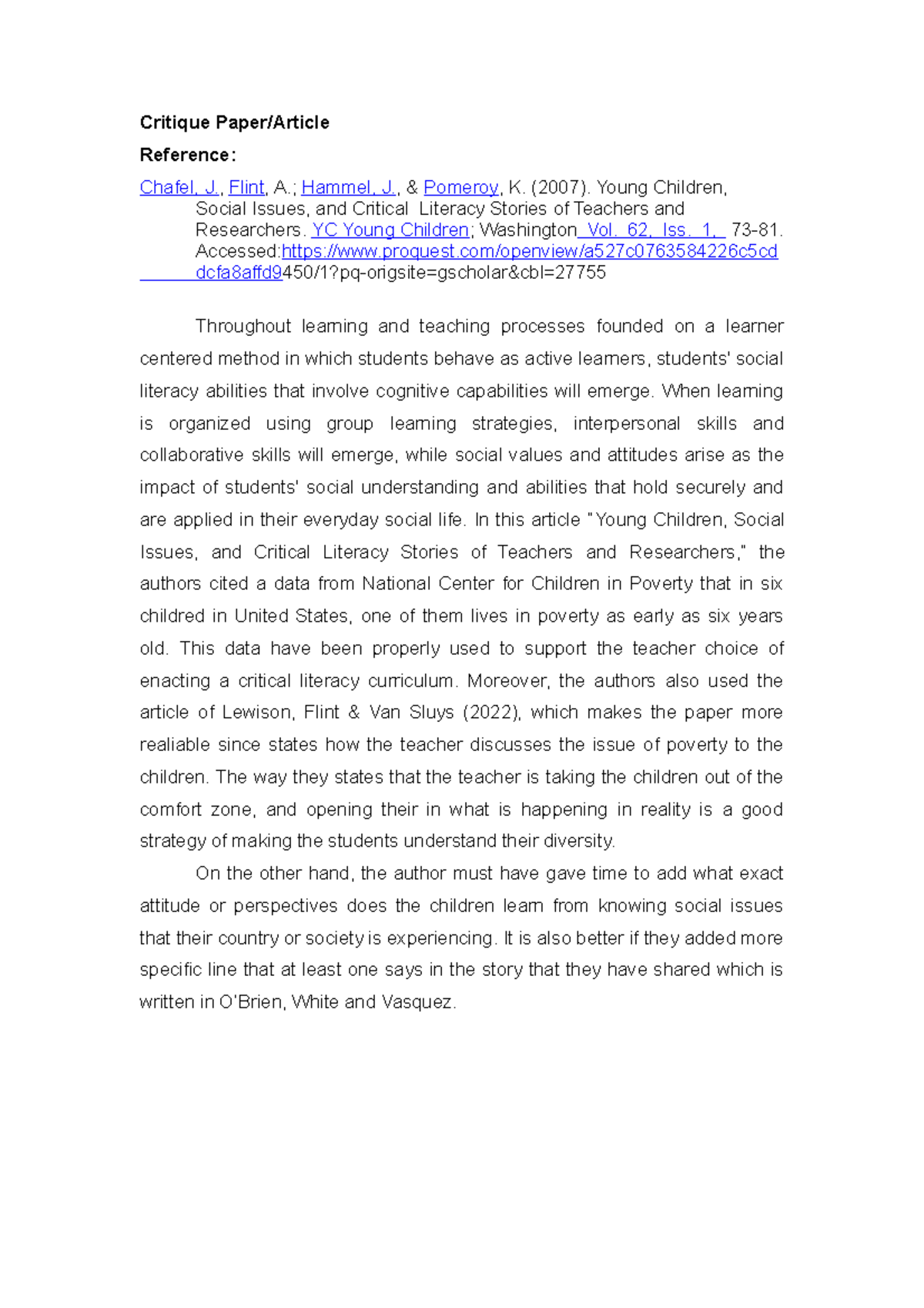 Critique Paper - For review purposes - Critique Paper/Article Reference ...