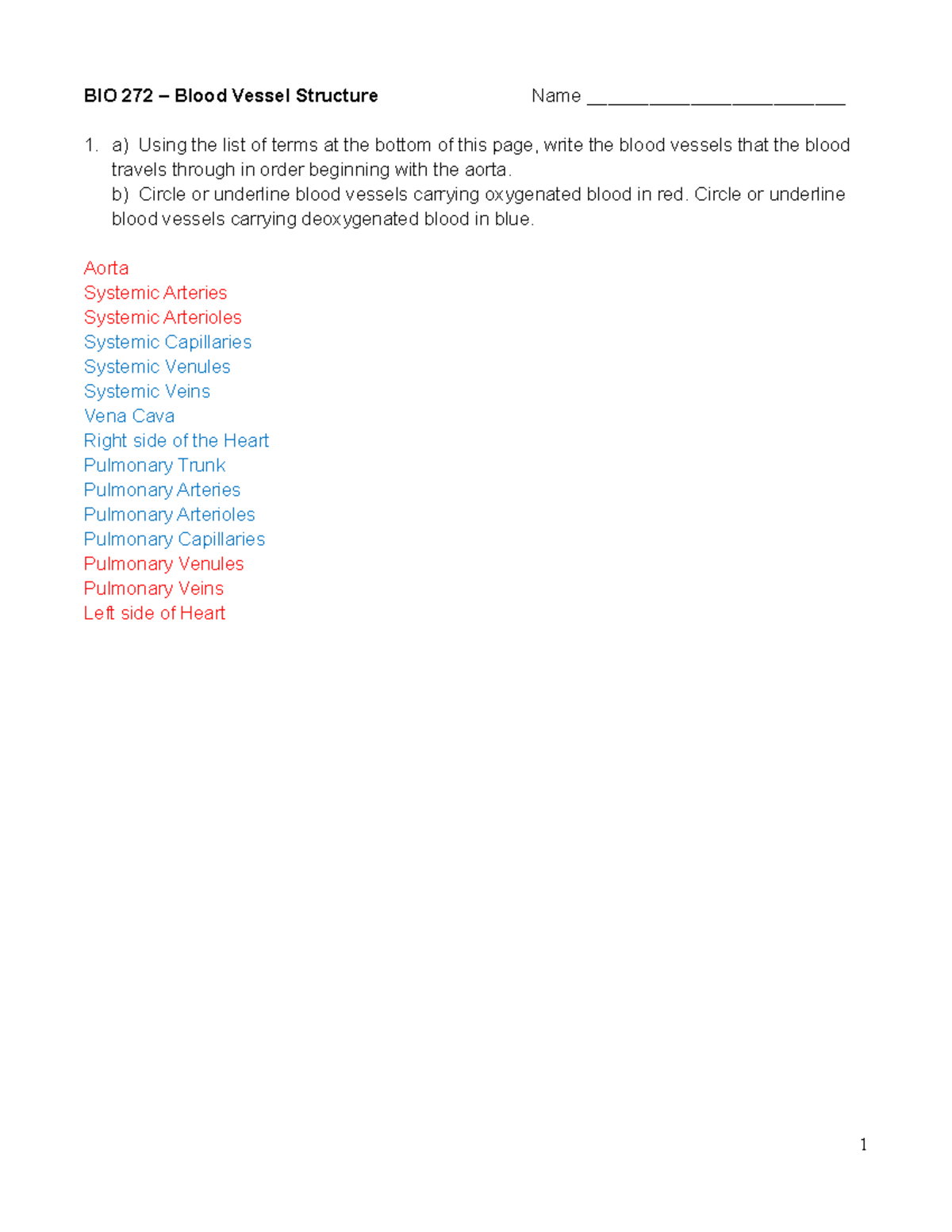 Blood Vessel assignment - BIO 272 – Blood Vessel Structure Name