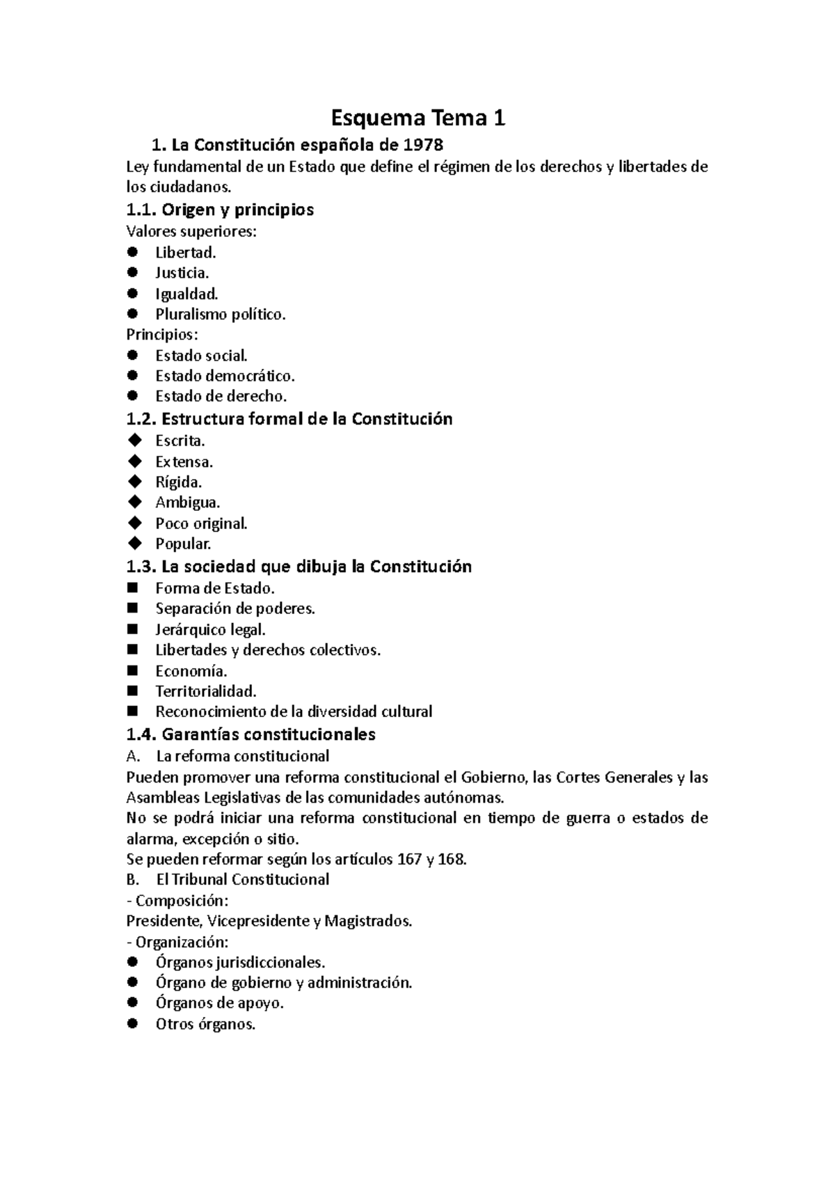 Esquema Tema 1 - Resumen del tema 1 - Esquema Tema 1 1. La Constitución española de 1978 Ley ...