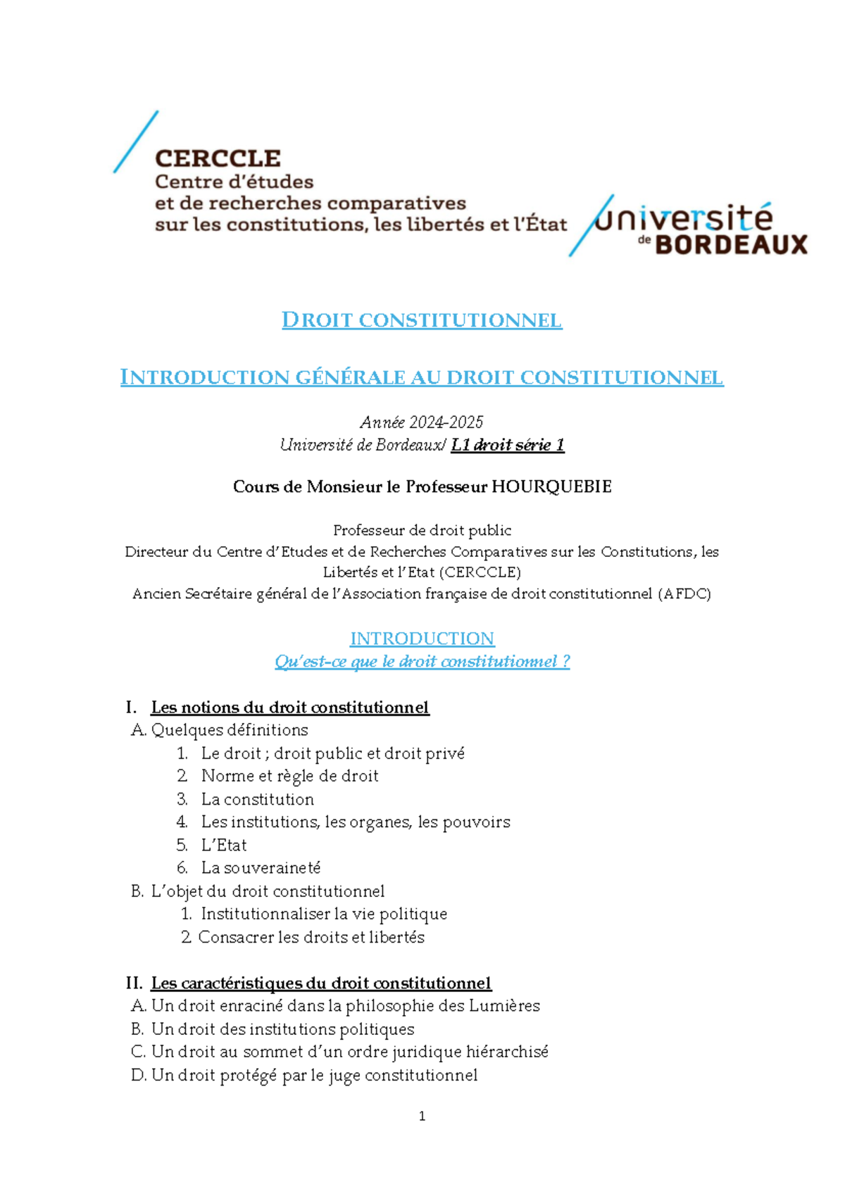 PLAN DU Cours Introduction générale au droit constitutionnel - L1 Droit, série 1 (2024-2025 ...