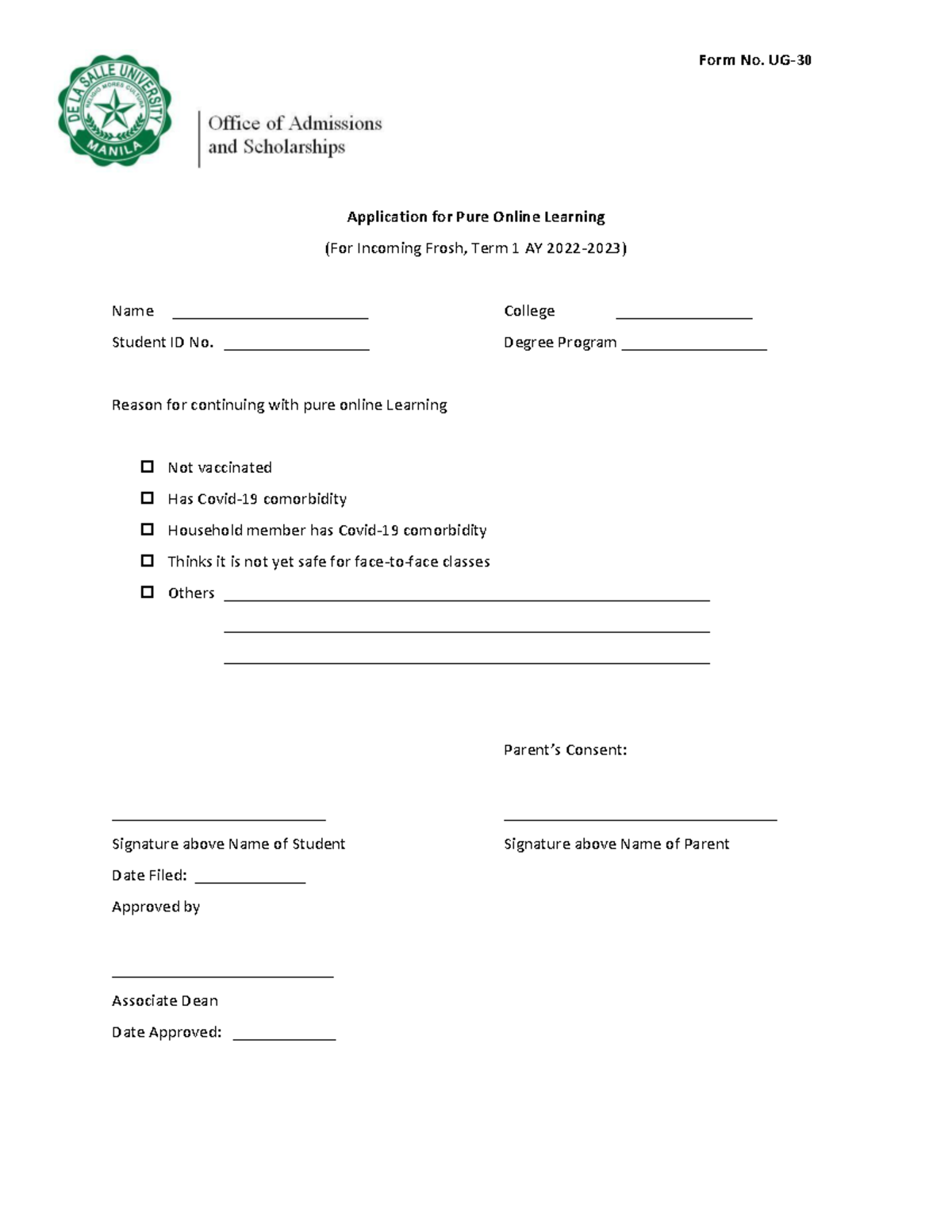 Pol-frosh-application - Form No. UG- 30 Application for Pure Online ...