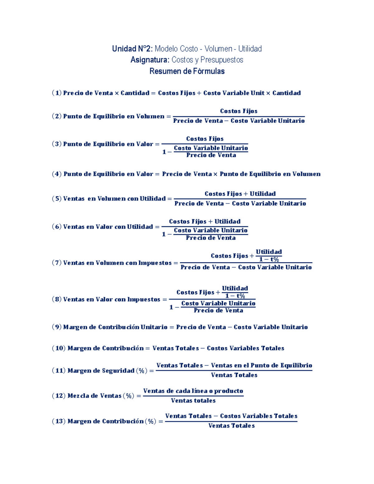 2.Resumen Fórmulas Costo - Volumen - Utilidad 20211 - Unidad N°2 ...