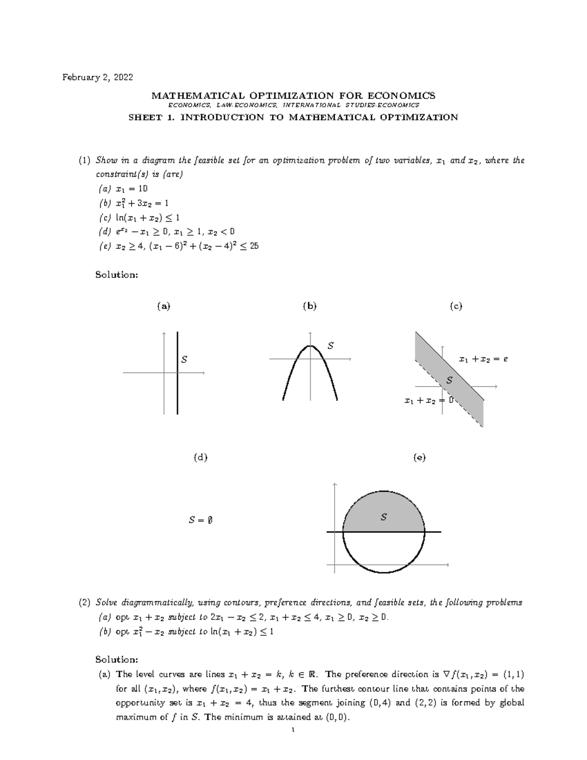 Sheet 1SOL-2 - EXERCISES TO PRACTICE - February 2, 2022 MATHEMATICAL OPTIMIZATION FOR ECONOMICS ...