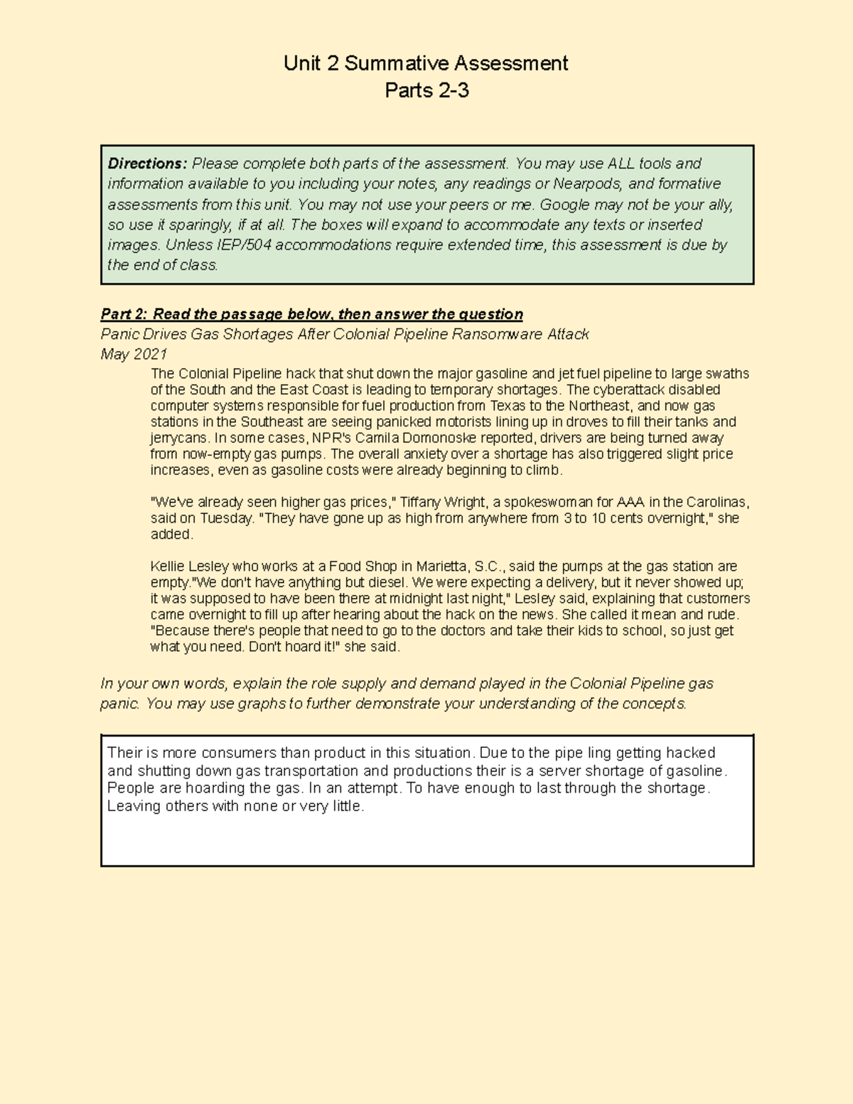 - Unit 2 Assessment- Part 2-3 - Unit 2 Summative Assessment Parts 2 ...
